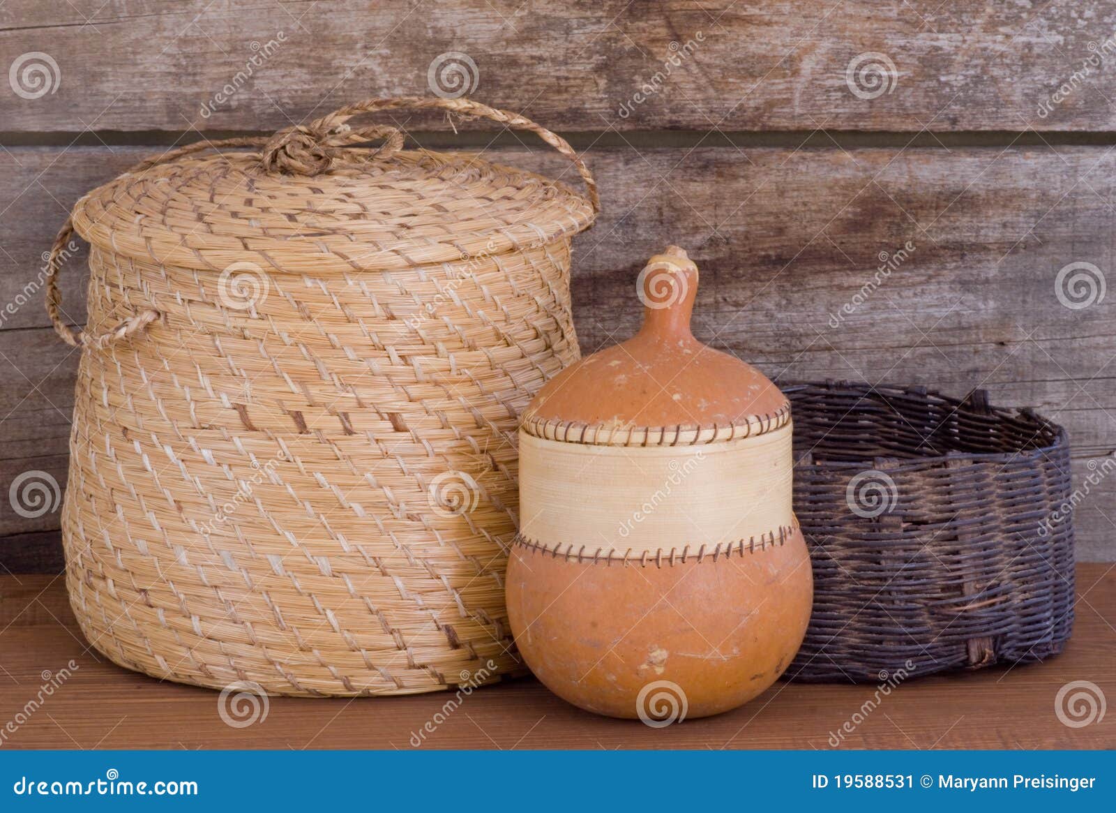 Native Indian Weaving Baskets Gourd on Shelf Stock Image - Image of ...
