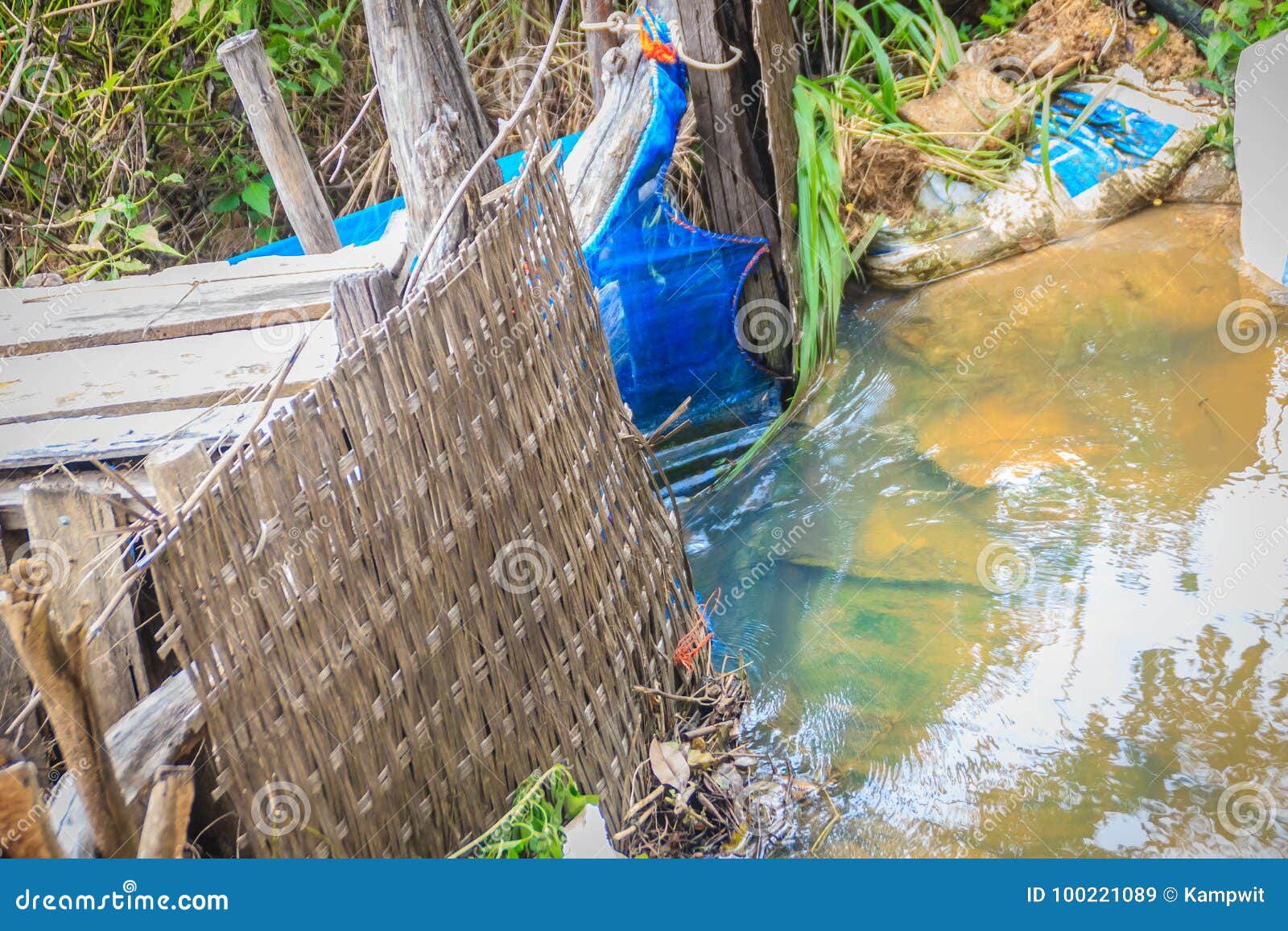 Native Thai Fish Trap Made from Weaved Bamboo with Blue Nylon Ne Stock ...