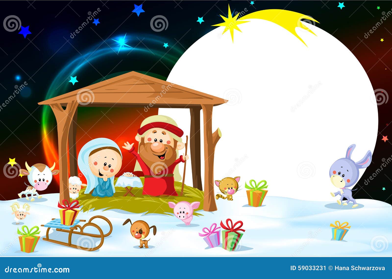 Nativity in Bethlehem with Animals - Christmas Vector Oval Frame Stock ...