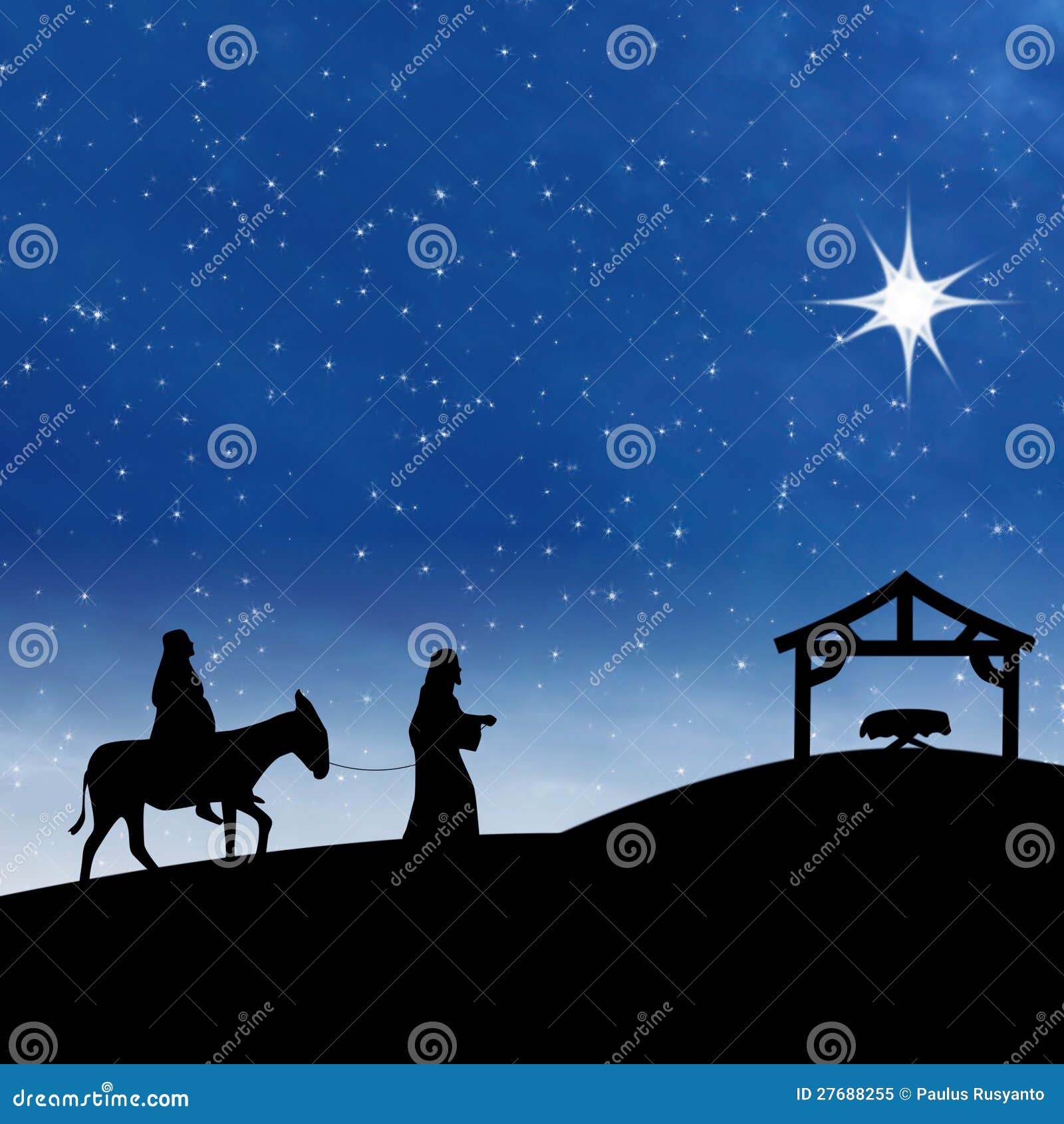 Nativity Jesus Birth with Star on Blue Night Scene Stock Illustration ...