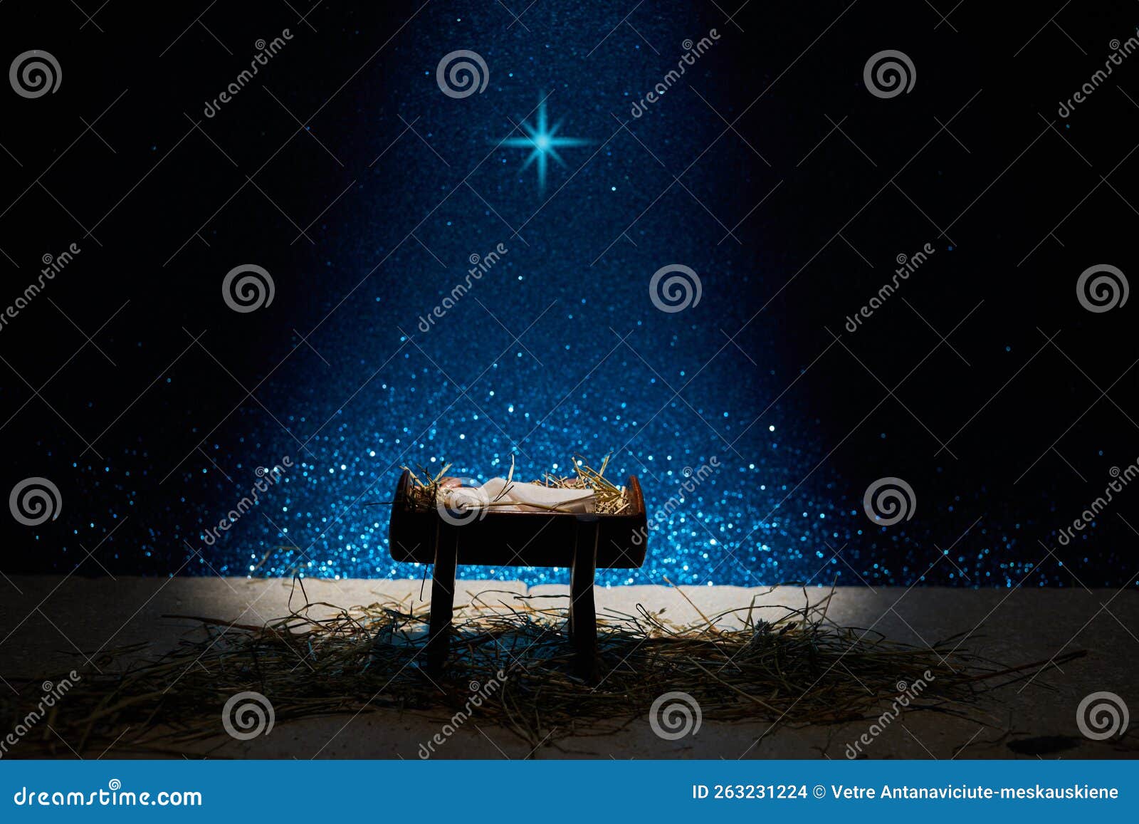 Nativity of Jesus, Empty Manger at Night with Bright Lights. Stock ...