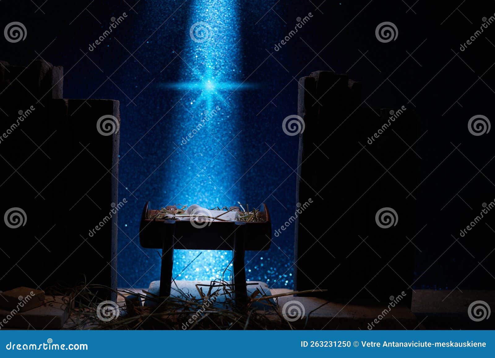 Nativity of Jesus, Empty Manger at Night with Bright Lights. Stock ...