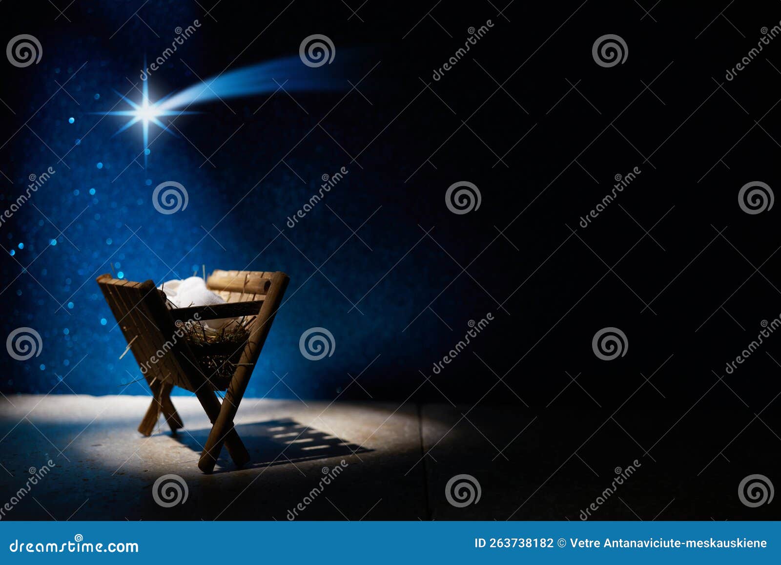 Nativity of Jesus, Empty Manger at Night with Bright Lights. Stock ...