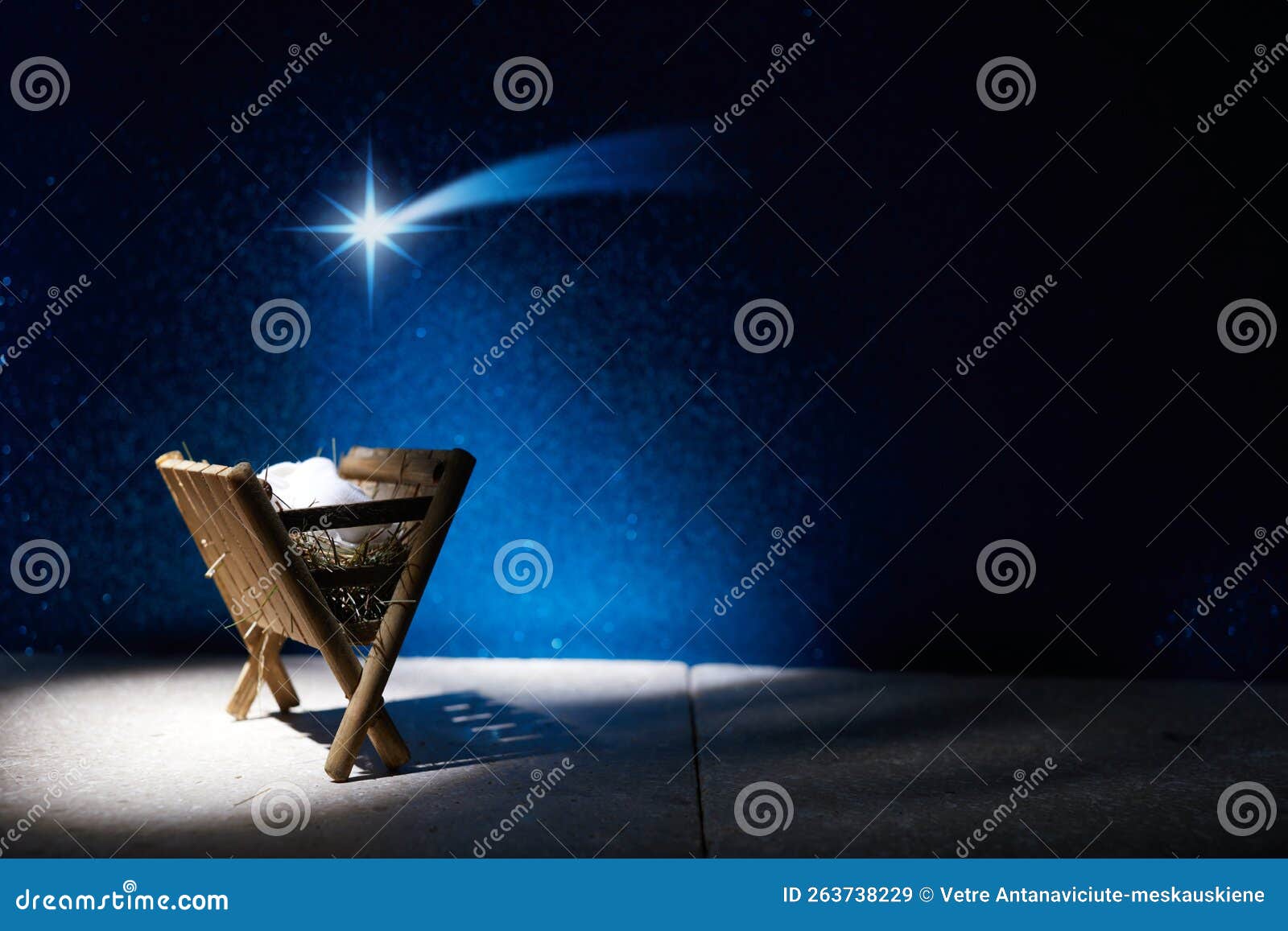 Nativity of Jesus, Empty Manger at Night with Bright Lights. Stock ...