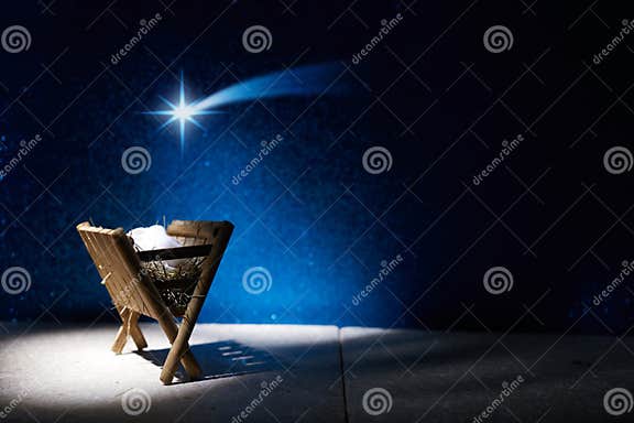 Nativity of Jesus, Empty Manger at Night with Bright Lights. Stock ...