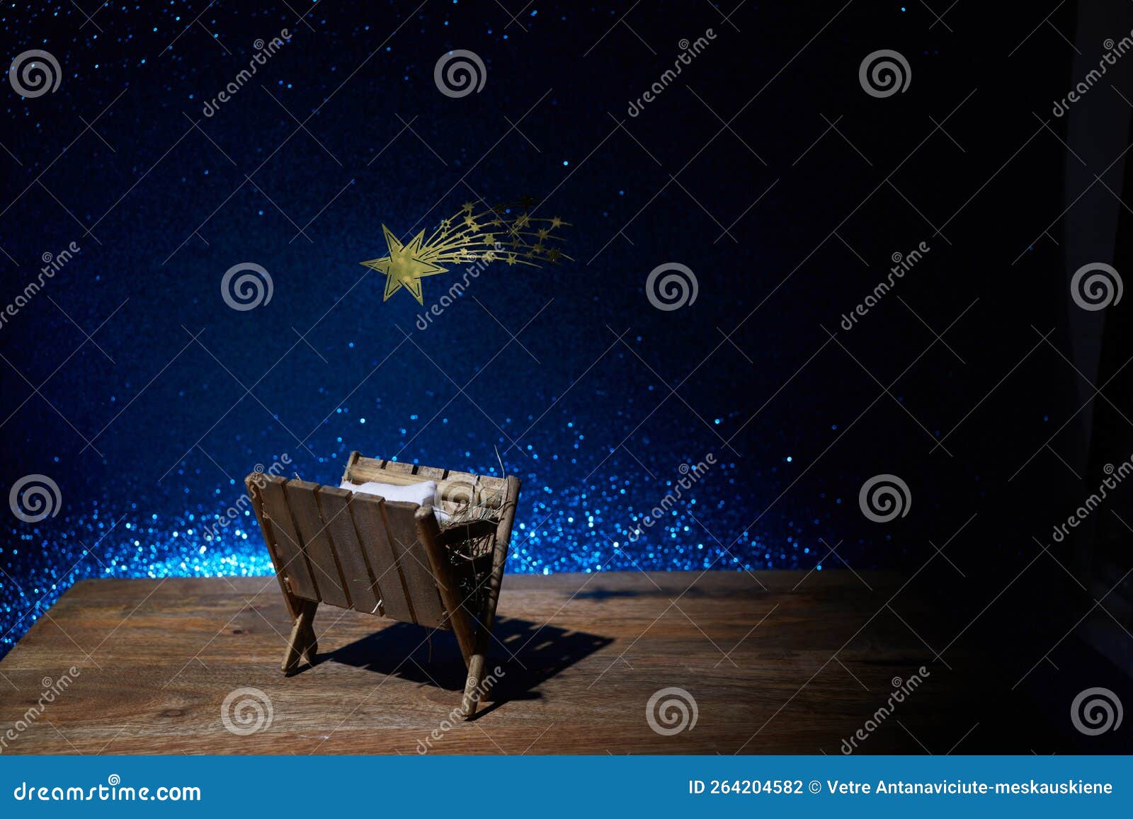 Nativity of Jesus, Empty Manger at Night with Bright Lights. Stock ...