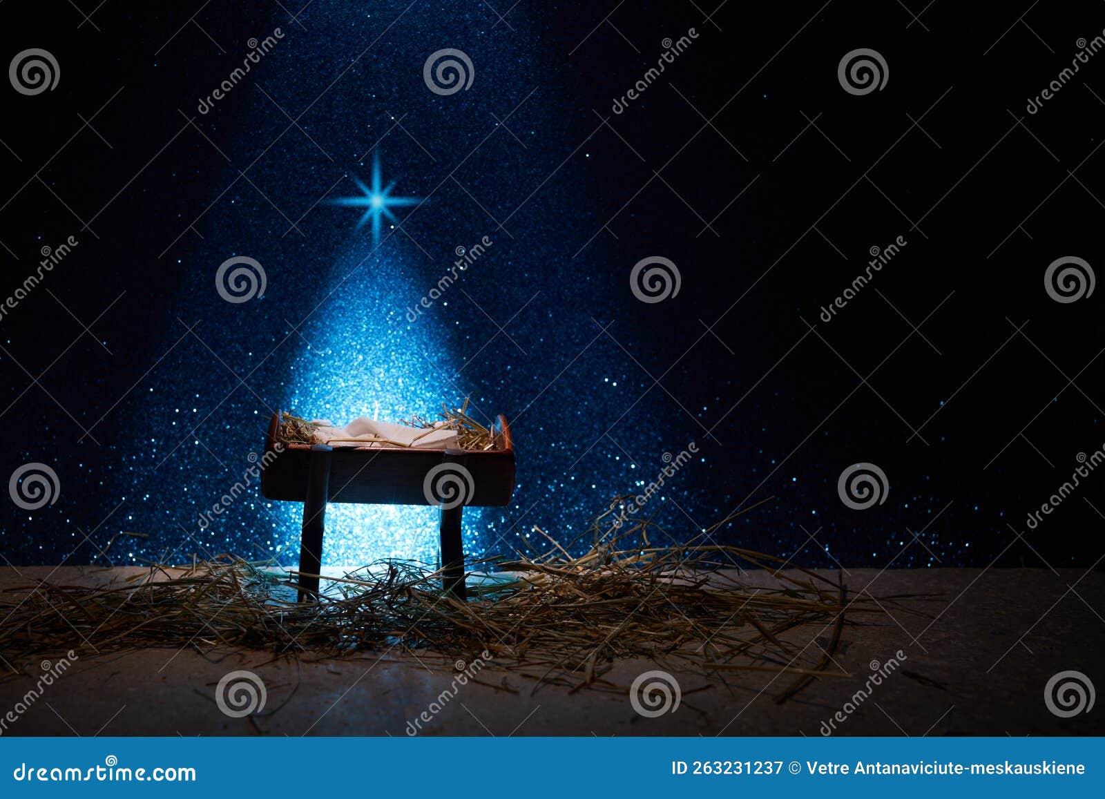 Nativity of Jesus, Empty Manger at Night with Bright Lights. Stock ...