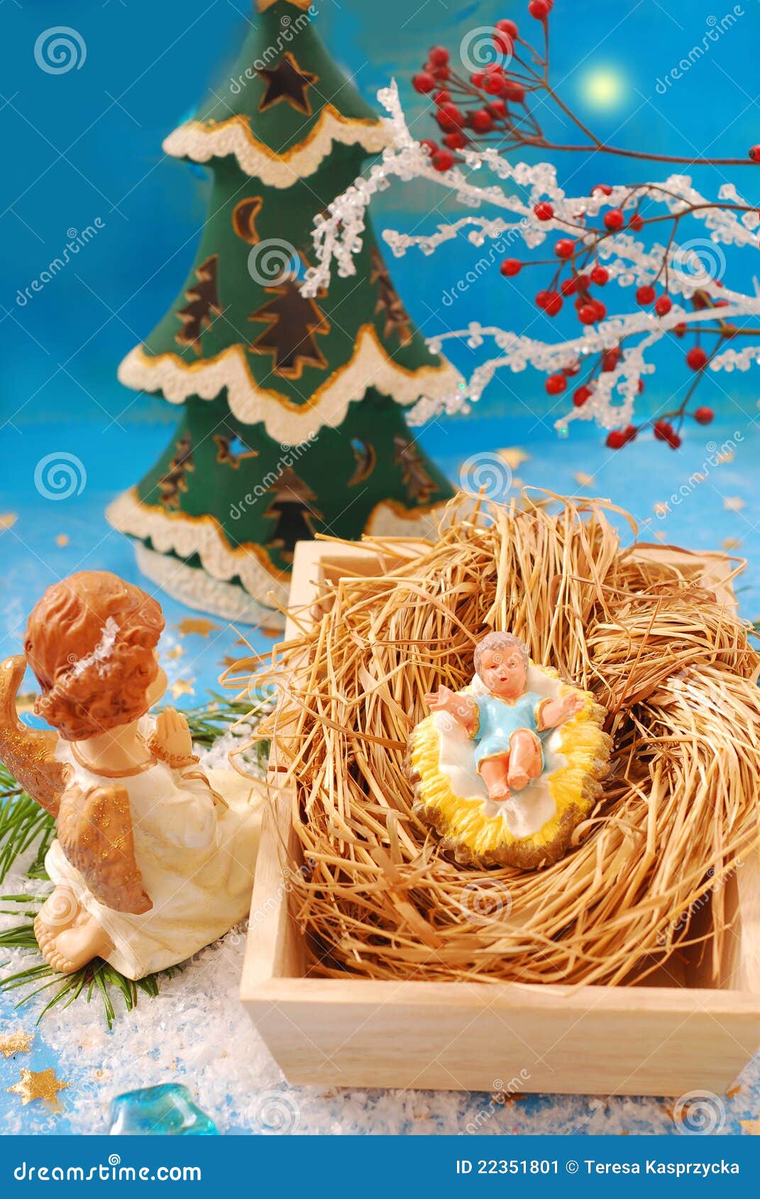 Nativity Scene with Baby Jesus and Angel Stock Image - Image of born ...