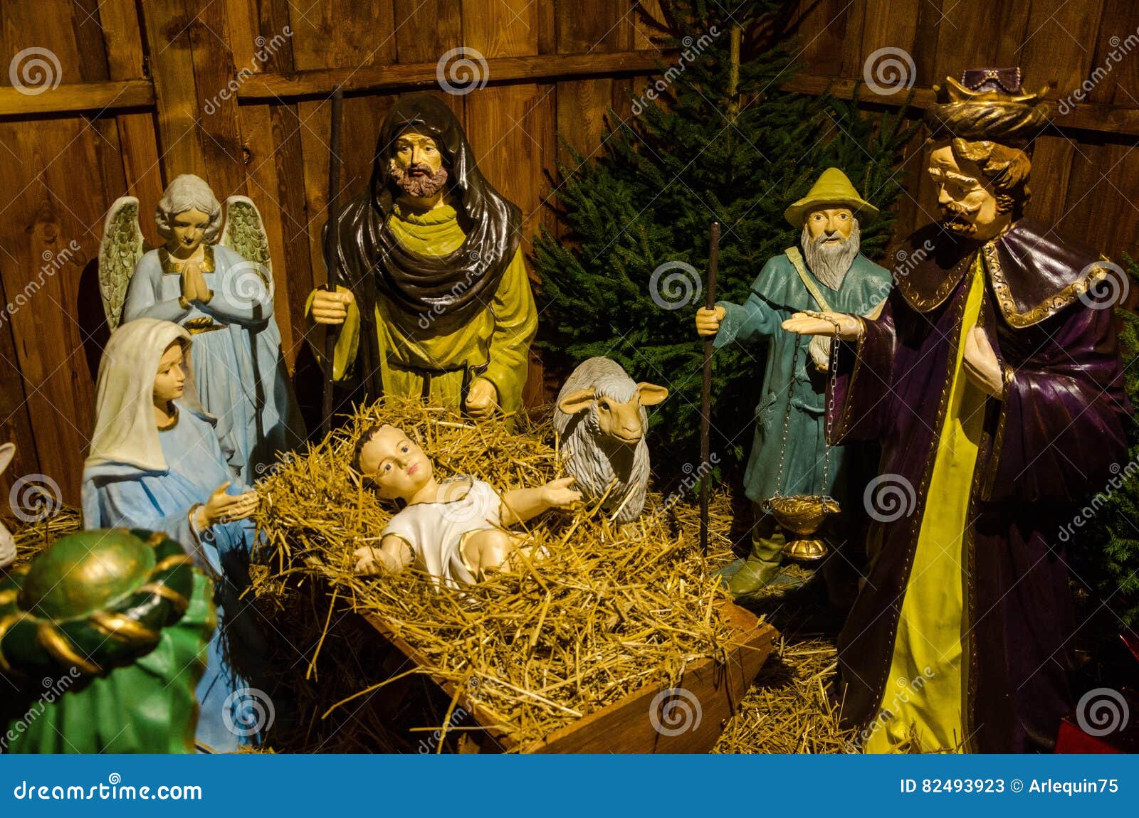 Nativity scene stock image. Image of angels, sheep, donkey - 82493923