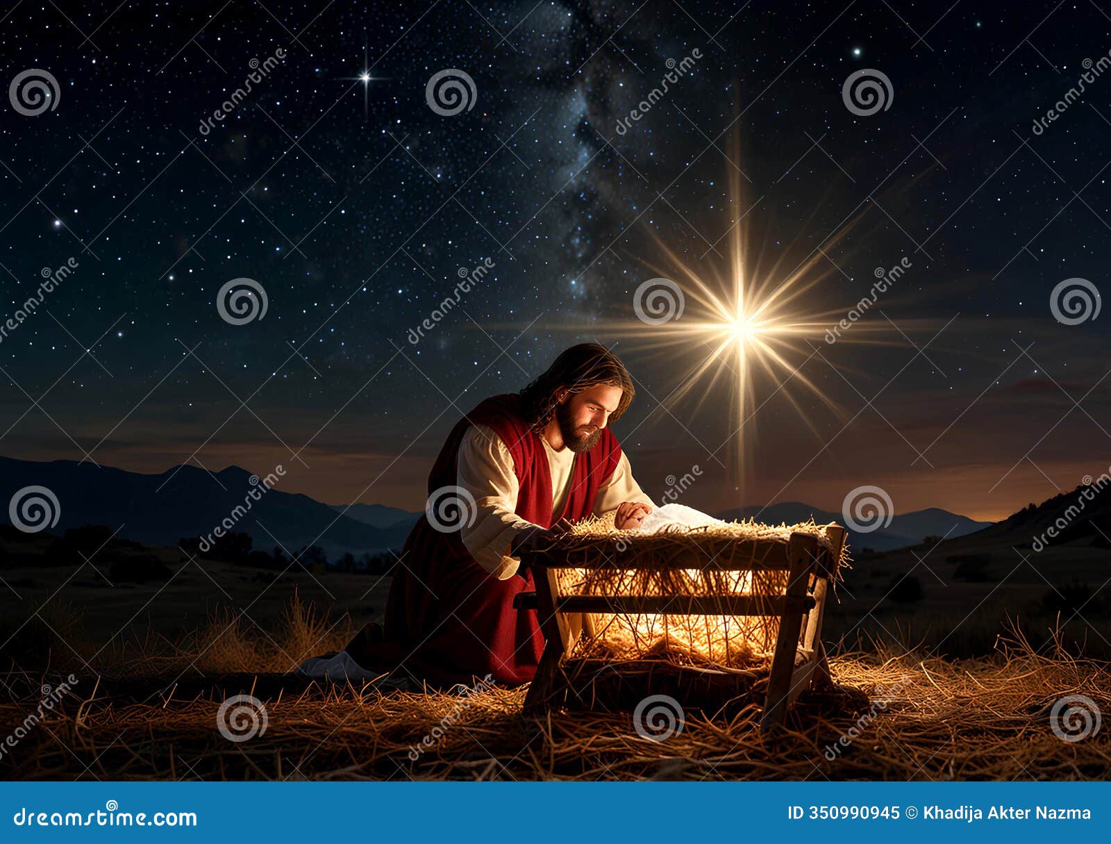 Nativity Scene with Jesus in the Starry Sky, 3d Render Stock ...