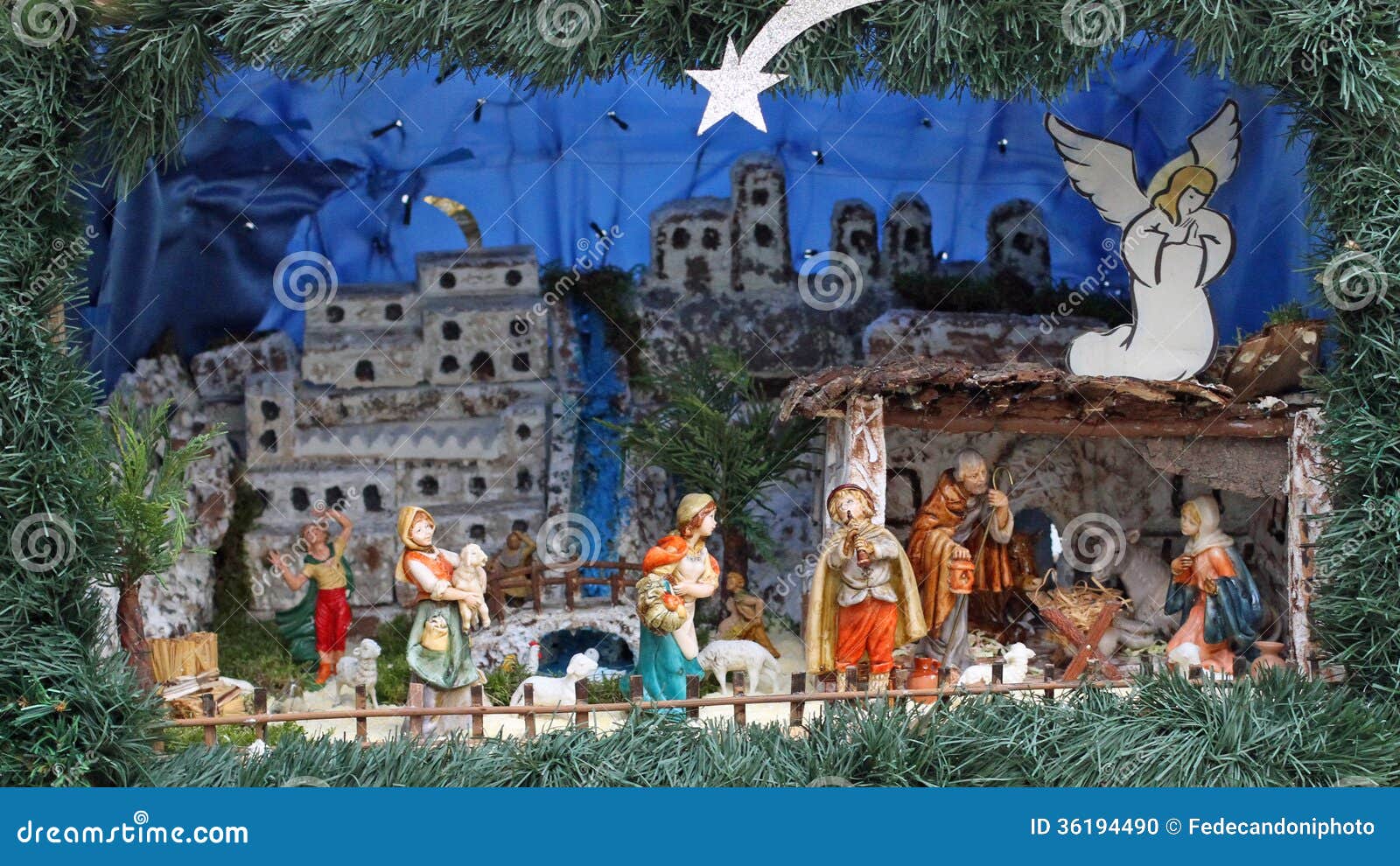 Nativity Scene with Statues in Classical Model with Pastors Stock Photo ...