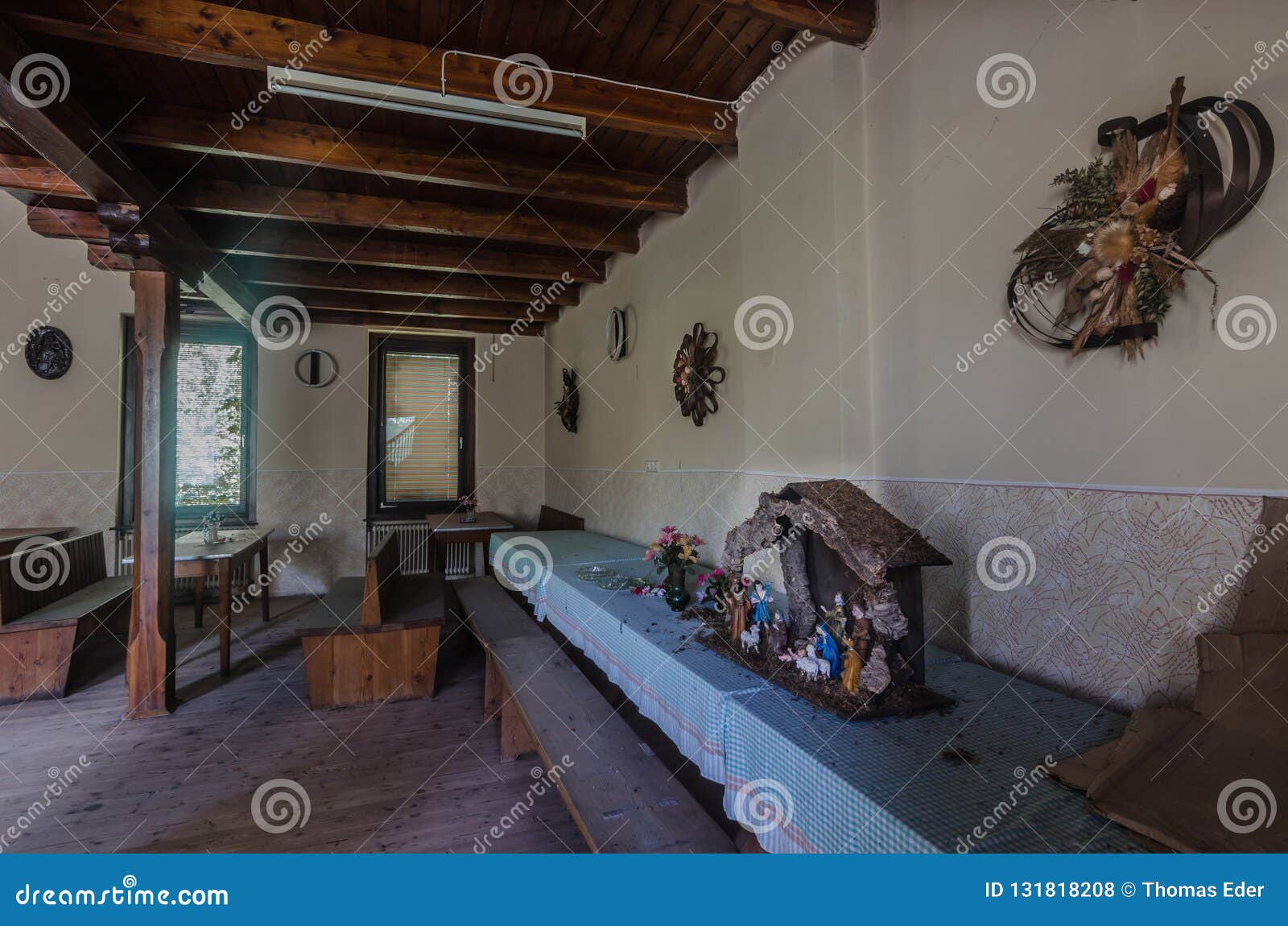Nativity Scene on a Table of a Inn Stock Photo - Image of building ...