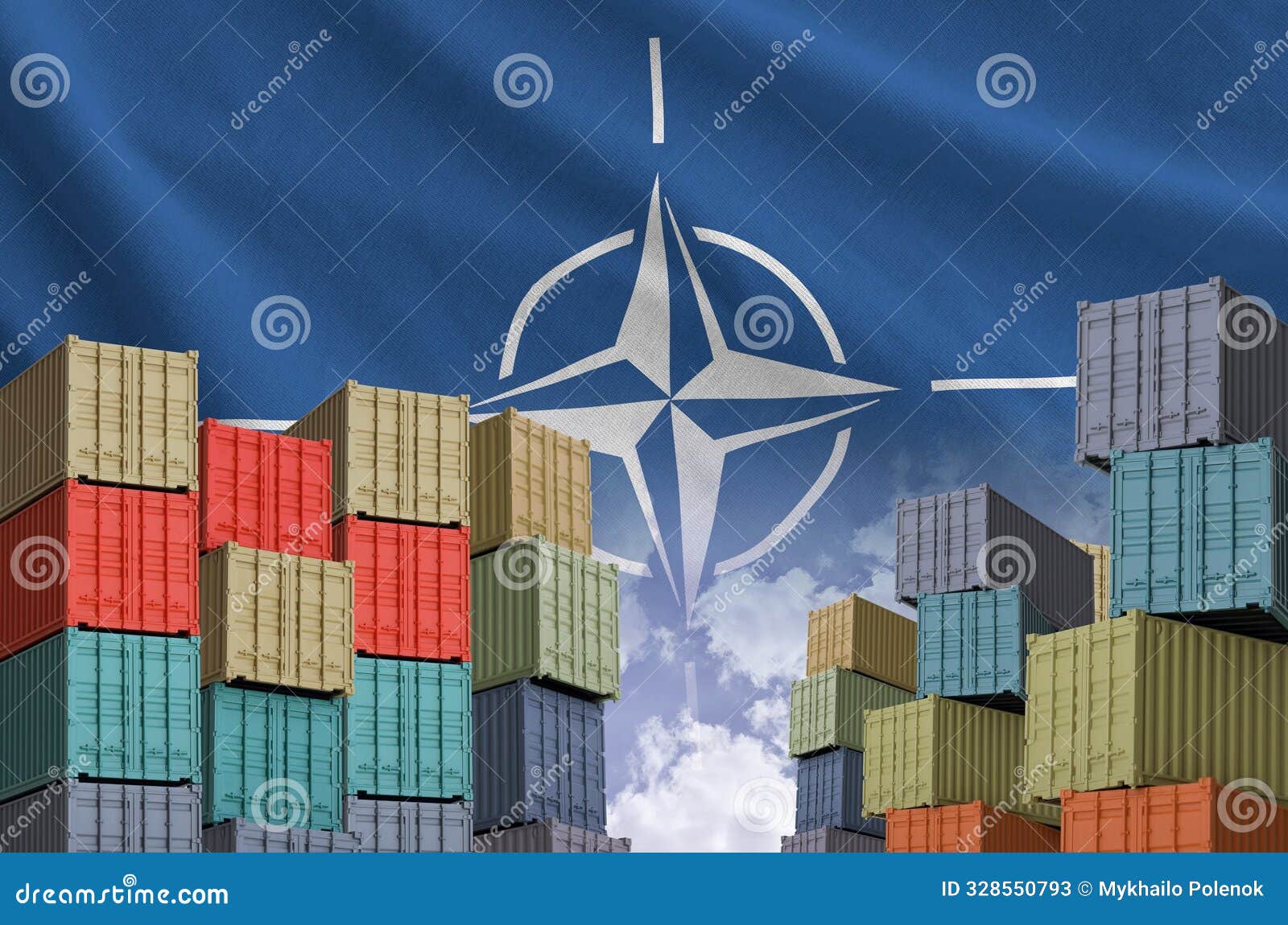 Nato Flag and Big Stack of Shipping Cargo Containers in Docks with Sky ...