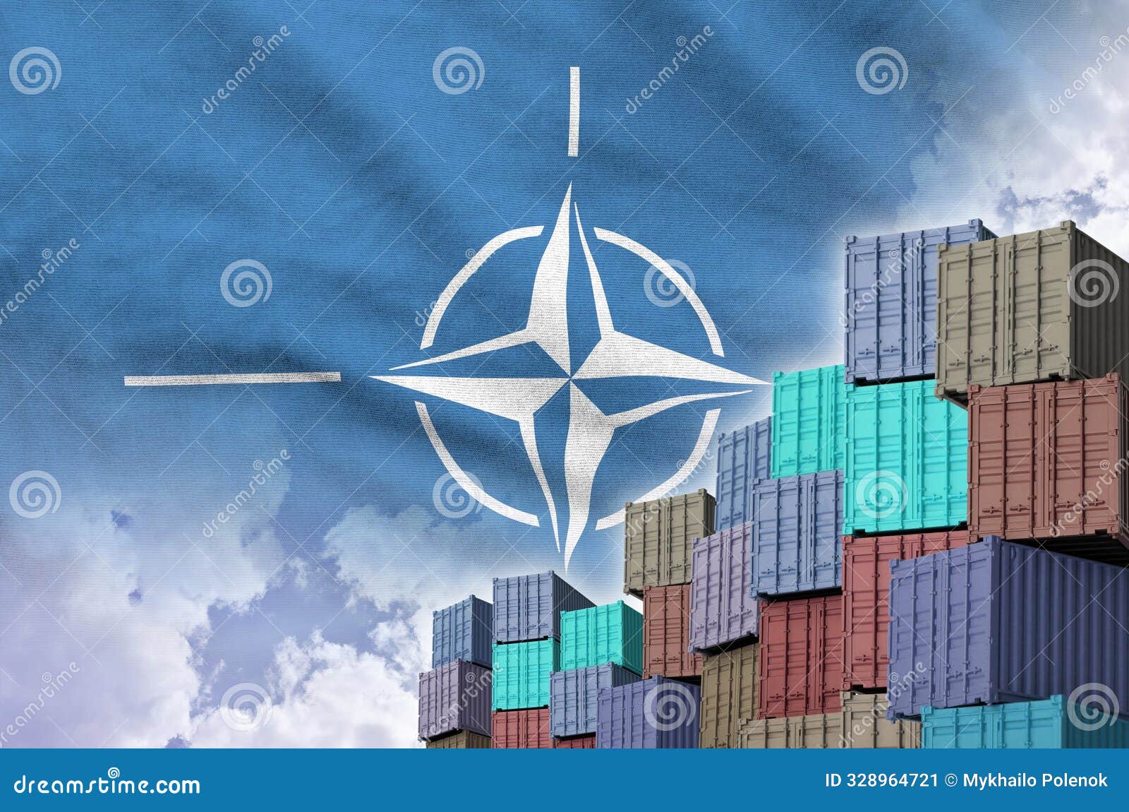 Nato Flag and Big Stack of Shipping Cargo Containers in Docks with Sky ...