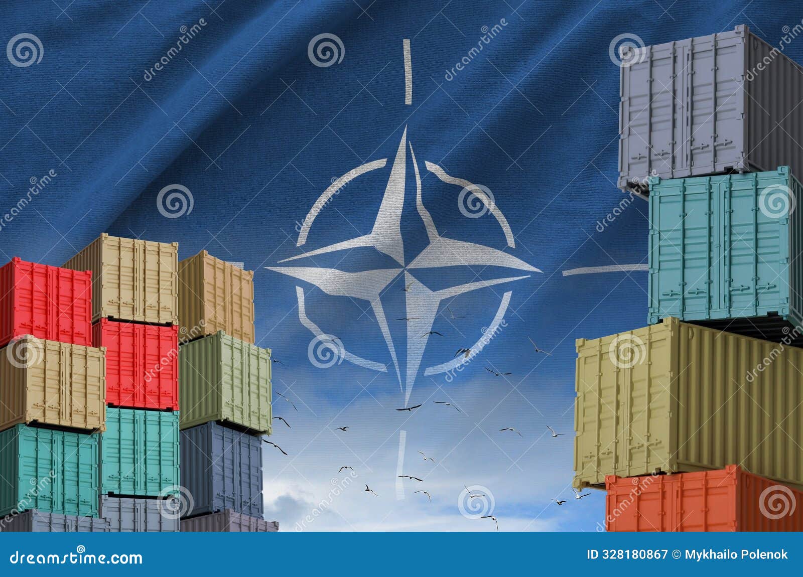 Nato Flag and Big Stack of Shipping Cargo Containers in Docks with Sky ...