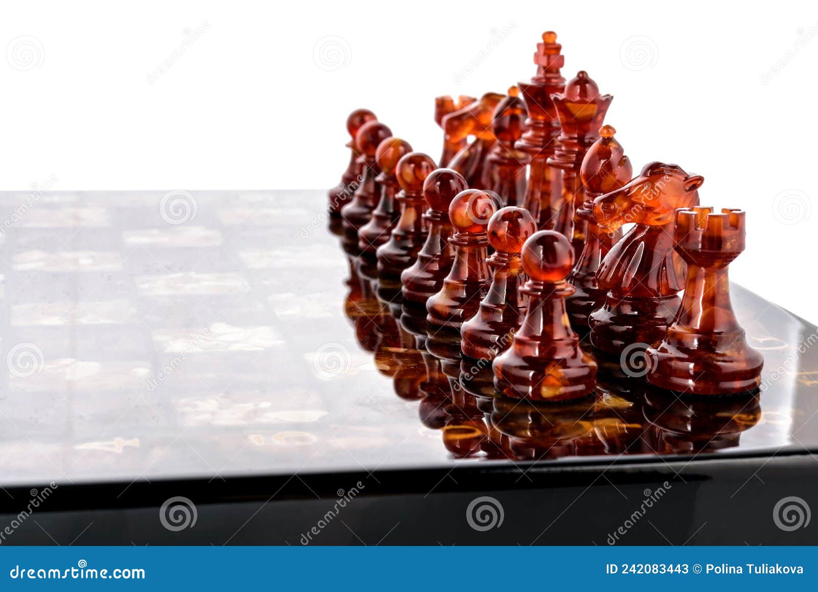 Natural Amber Different Chess Pieces Figures Standing on Lacquer ...