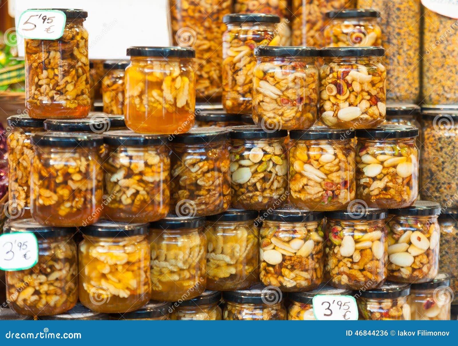 Natural Bee Honey with Nuts on Counter Stock Photo - Image of honeymead ...