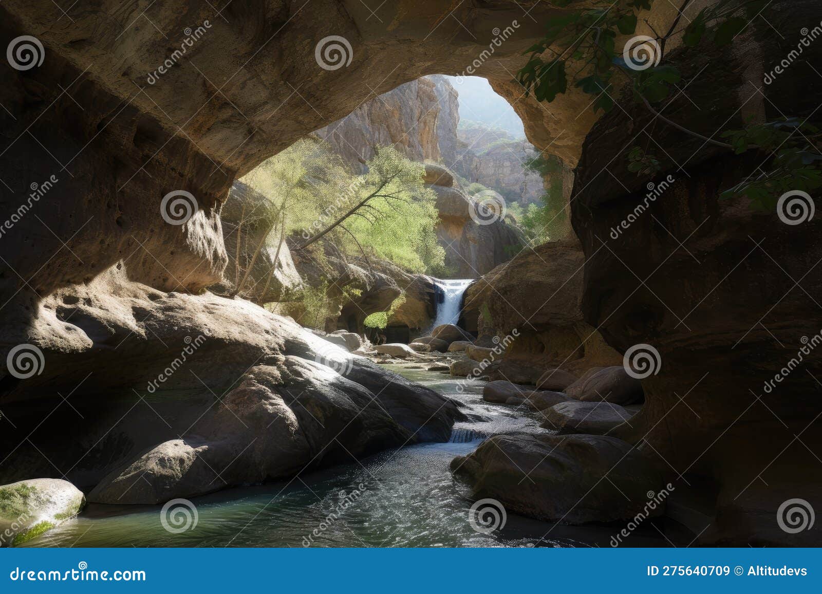 Natural Bridge of Rock and Stone in Canyon, with Rushing Stream Below ...