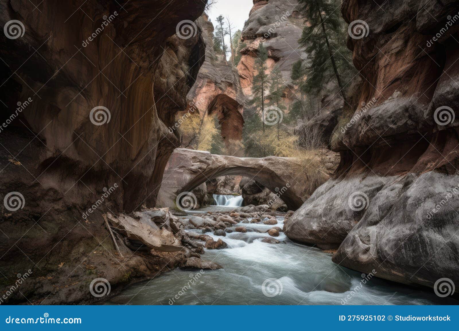 Natural Bridge of Rock and Stone in Canyon, with Rushing Stream Below ...