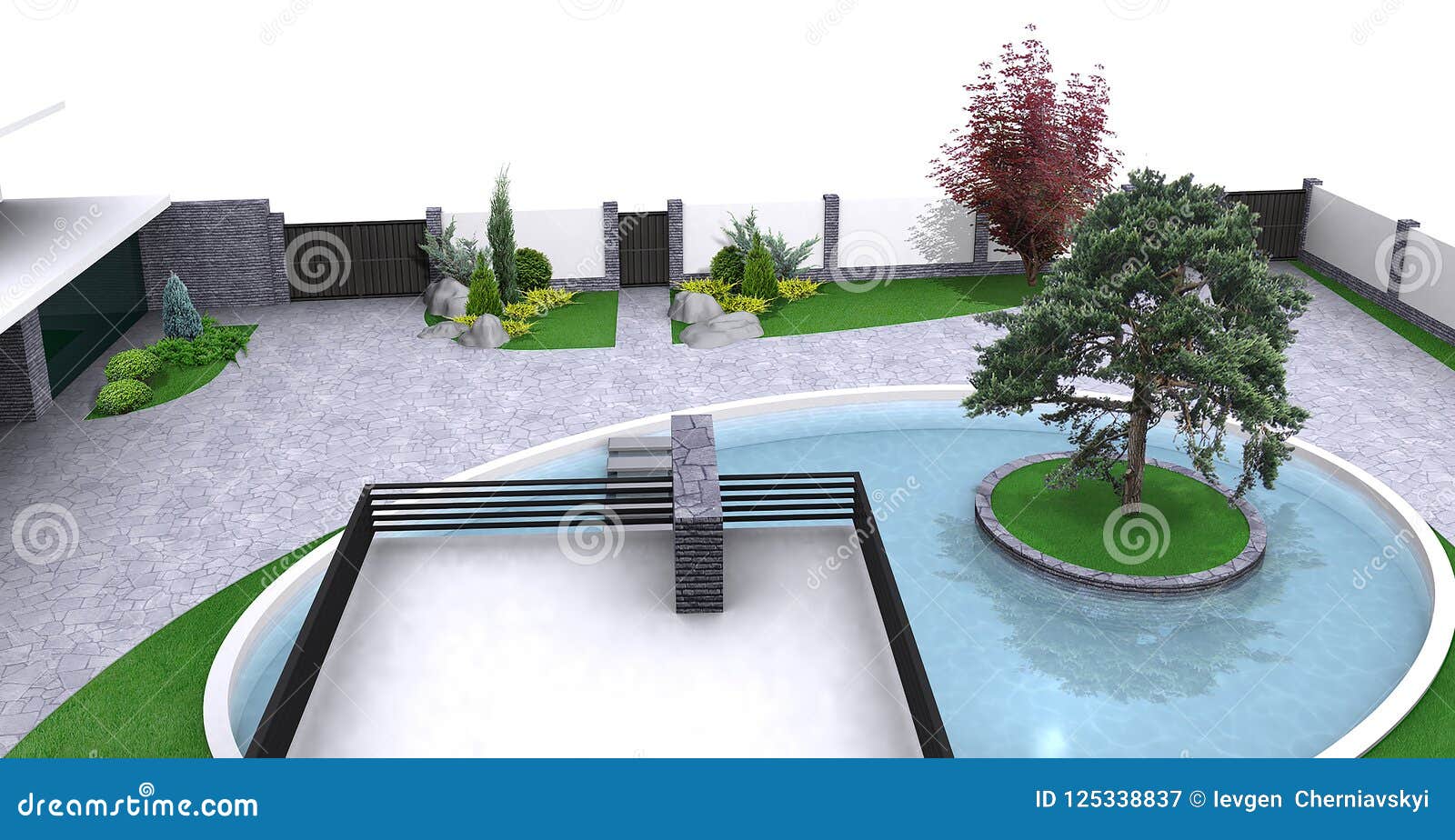 Front Yard Landscaping Birds View, 3D Rendering Stock Illustration ...