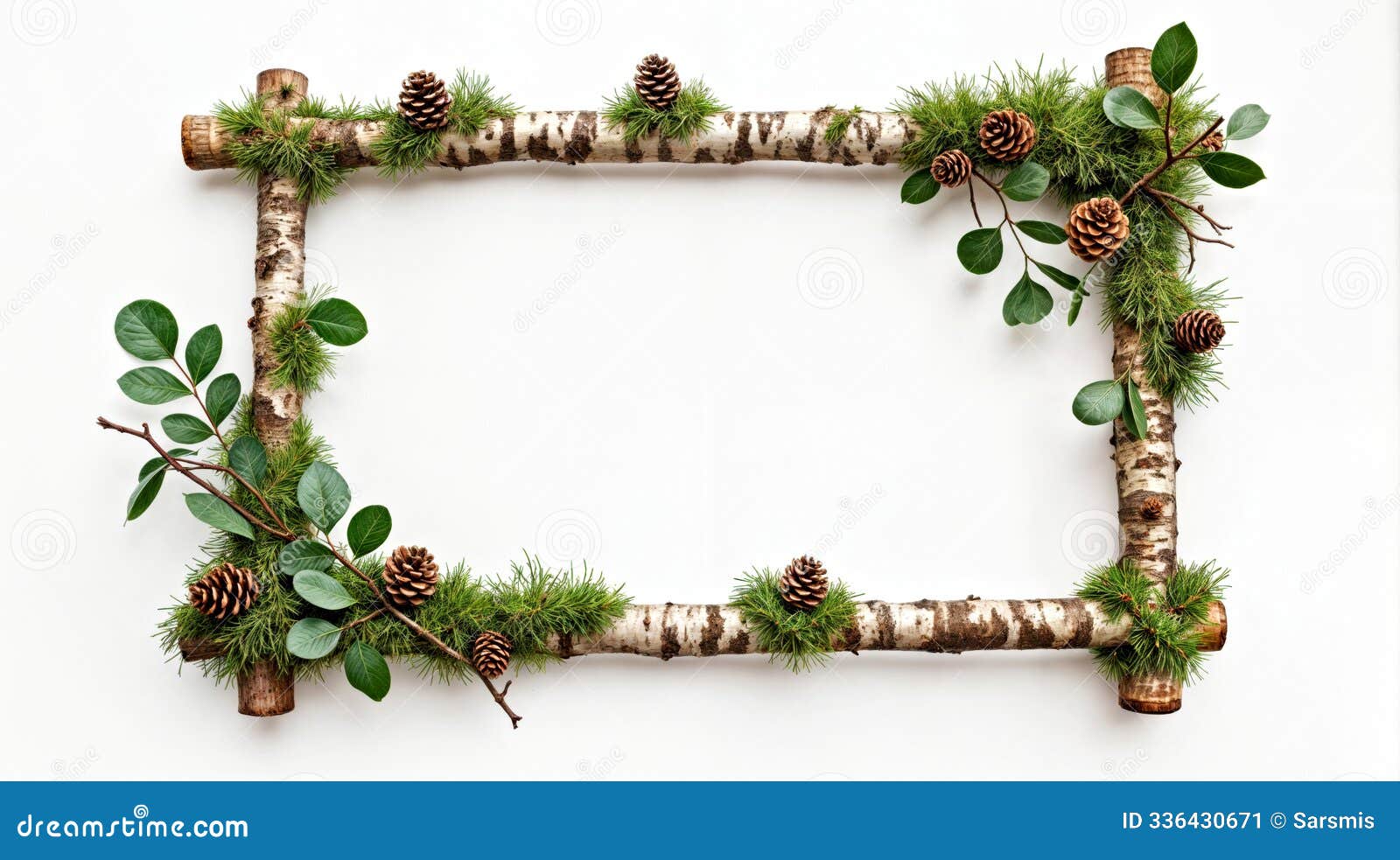 Natural Christmas Birch Frame with Pine Cones, Greenery, and Evergreen ...