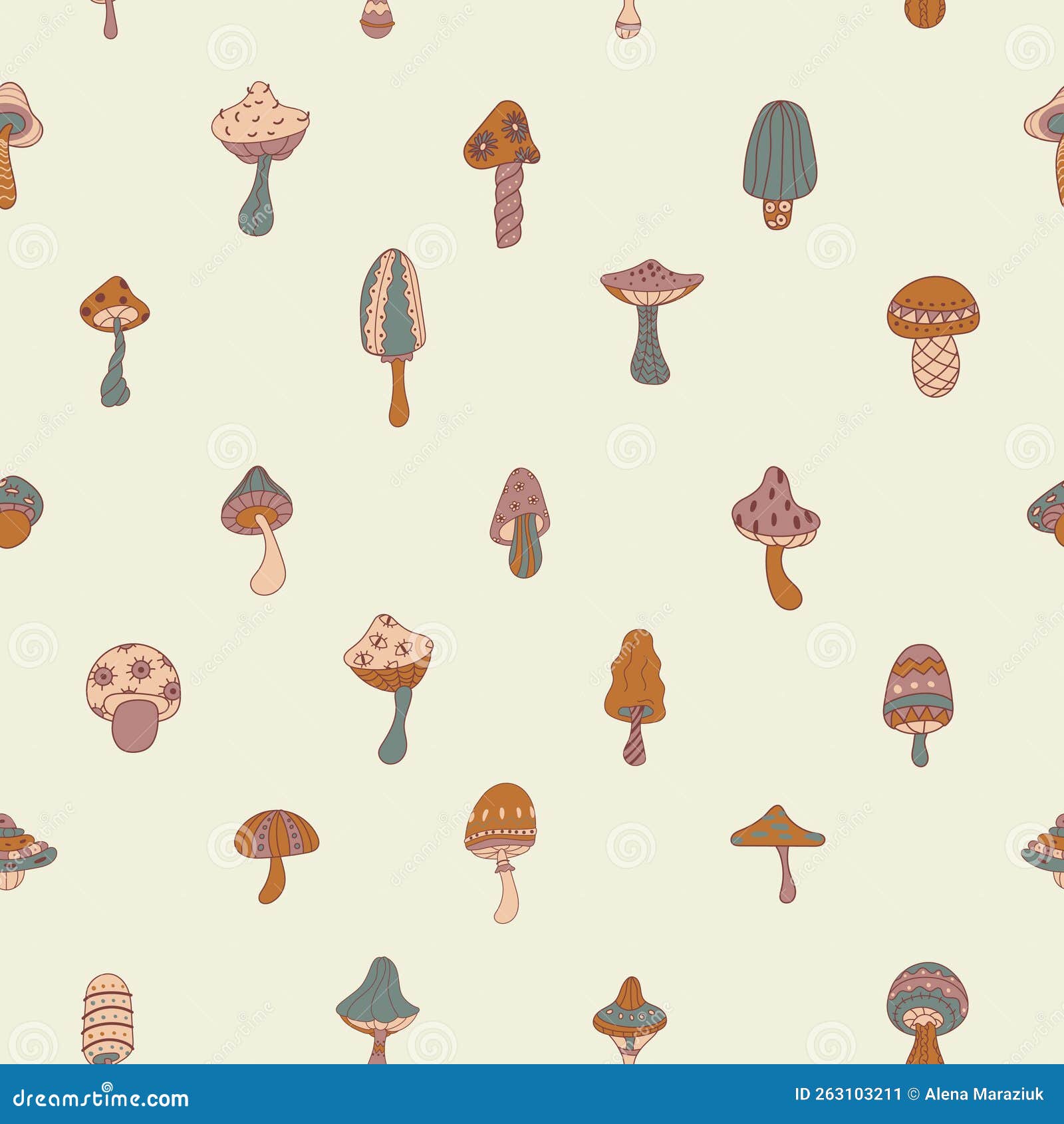 Natural Color Mushrooms Cute Seamless Pattern. Abstract Mushrooms of ...