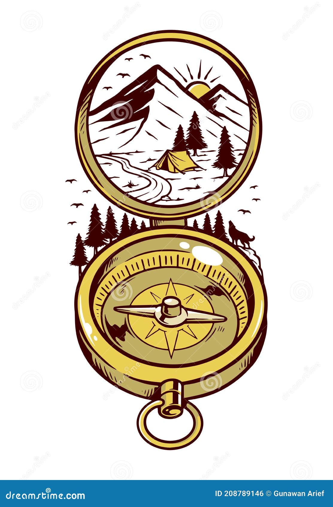 Natural Compass and Mountain Illustration Stock Vector - Illustration ...