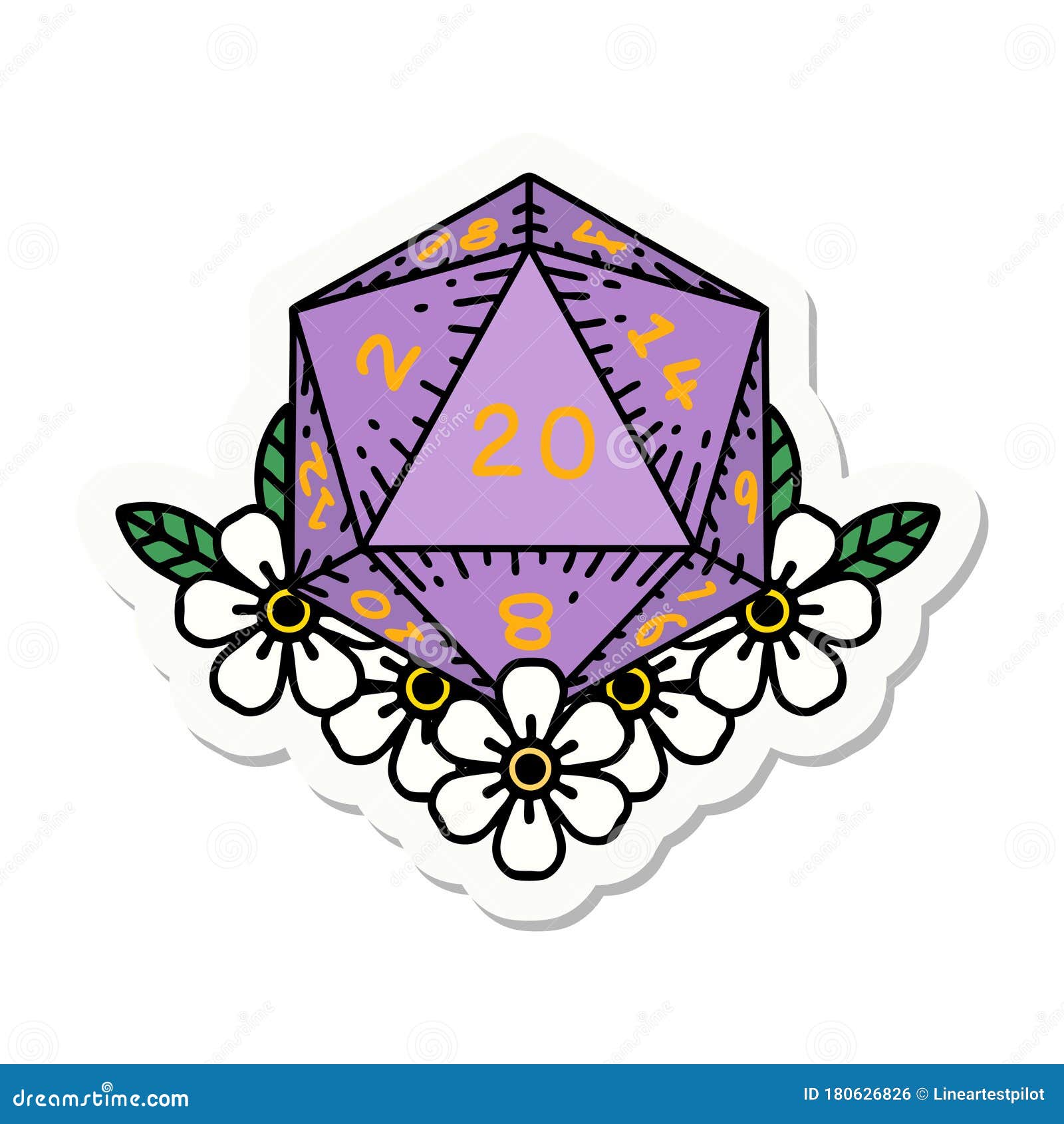 Natural 20 D20 Dice Roll with Floral Elements Sticker Stock Vector ...
