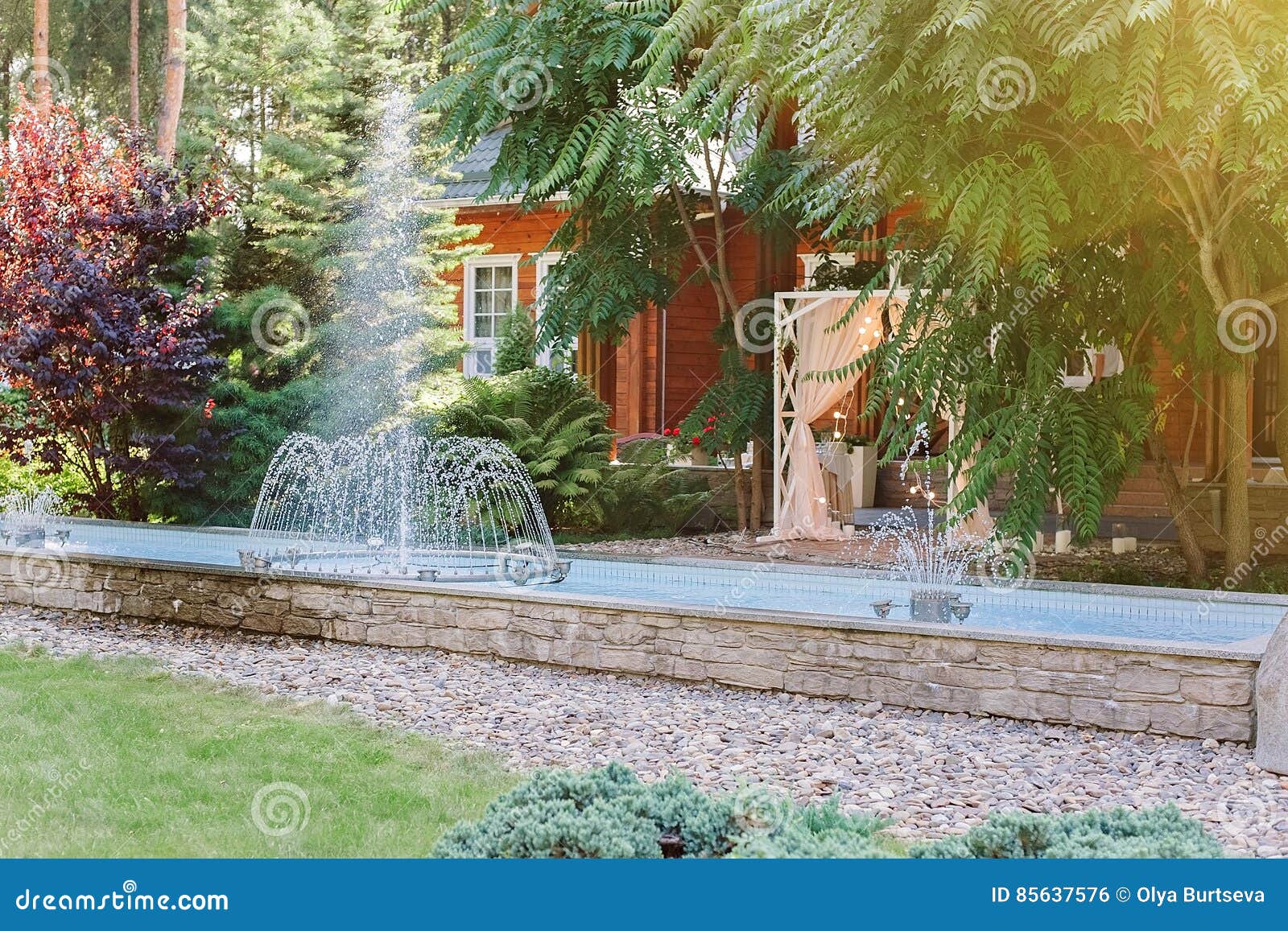 Natural Decorative Yard with Fountain and Arch Stock Photo - Image of ...