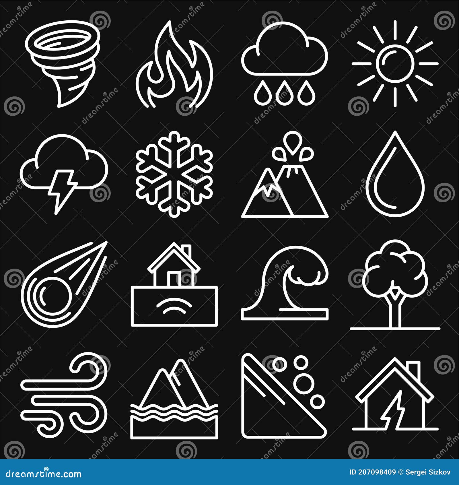 Natural Disaster Icons Set on Black Background. Line Style Vector Stock ... Natural Disaster Icons Set on Black Background. Line Style Vector Stock ...