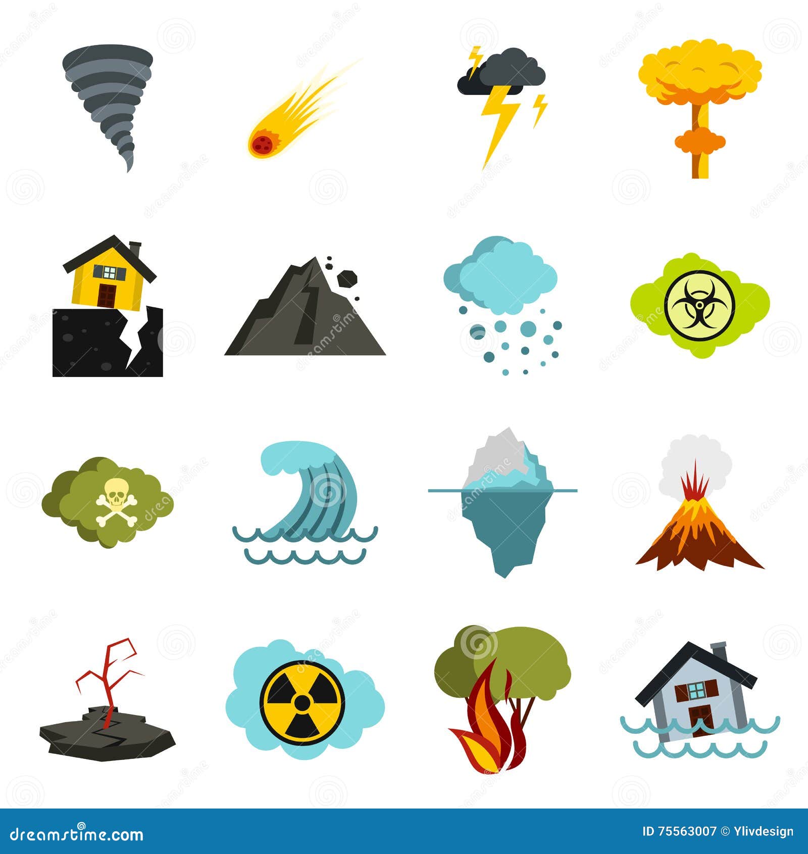 Natural Disaster Icons Set, Flat Ctyle Stock Vector - Illustration of ...