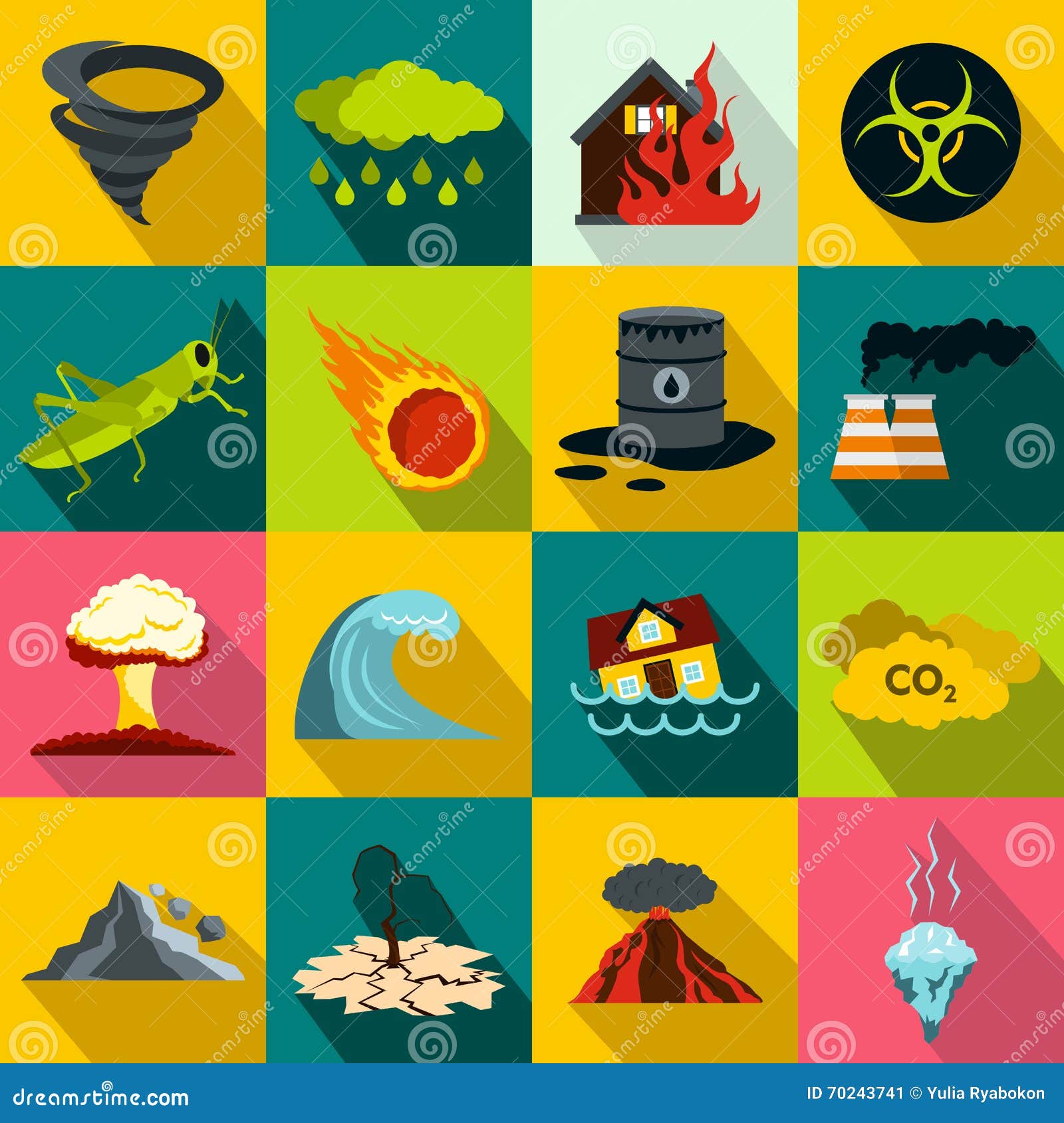 Natural Disaster Icons Set, Flat Style Stock Vector - Illustration of phone, flood: 70243741