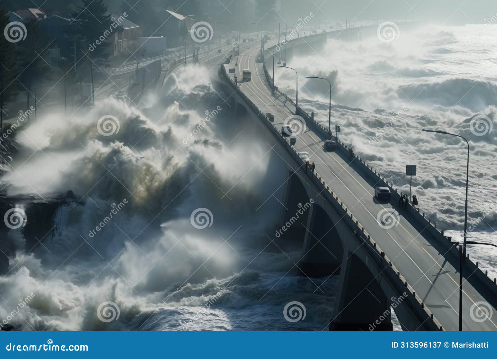 Natural Disaster Tsunami Waves Destroy a Road Bridge Stock Illustration ...