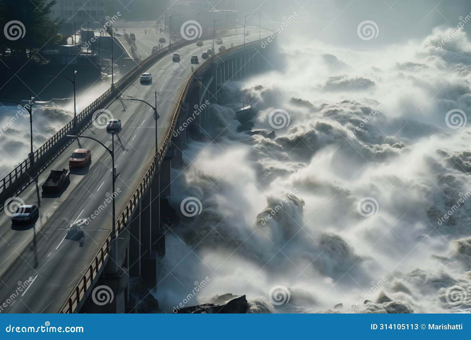 Natural Disaster Tsunami Waves Destroy a Road Bridge Stock Illustration ...