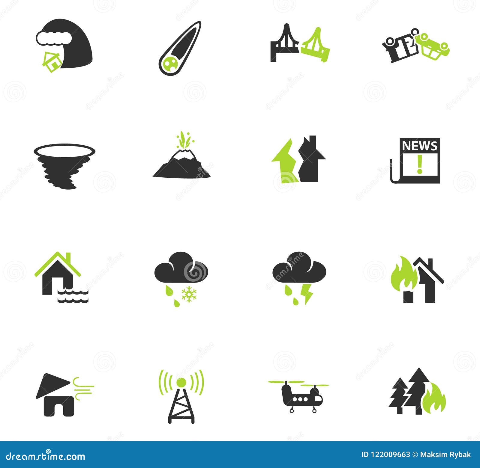 Natural disasters icon set stock vector. Illustration of lightning ...