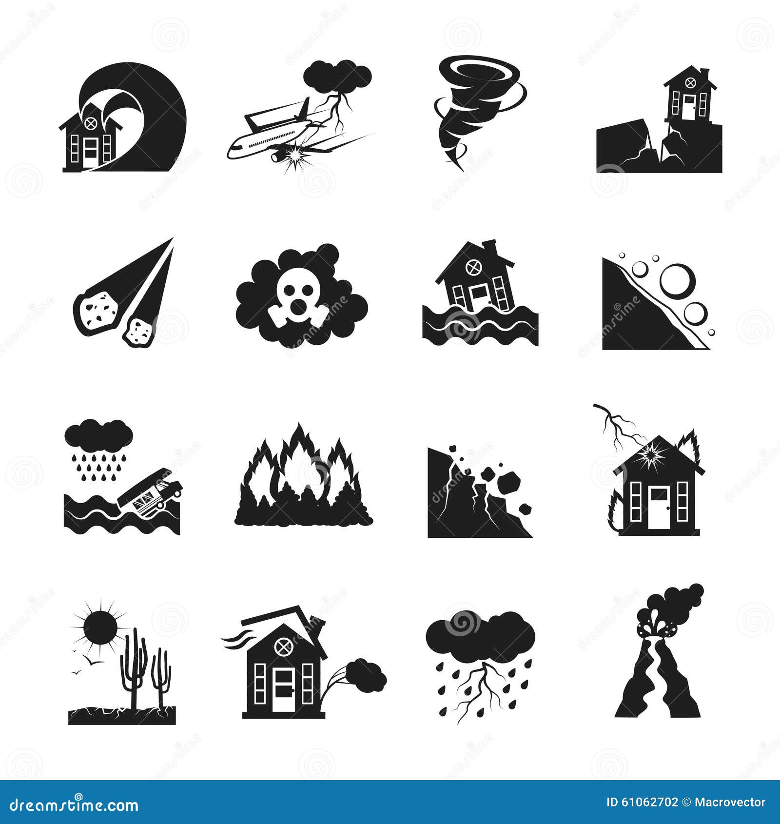 Natural Disasters Monochrome Icons Set Stock Vector - Illustration of ...