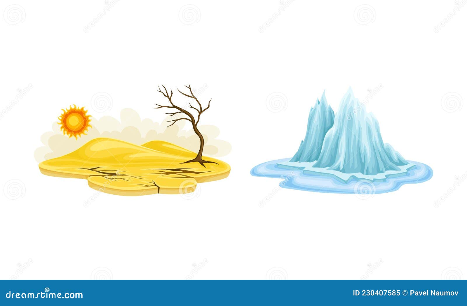 Natural Disasters Set. Drought And Melting Of Glaciers Cartoon Vector ... Natural Disasters Set. Drought And Melting Of Glaciers Cartoon Vector ...