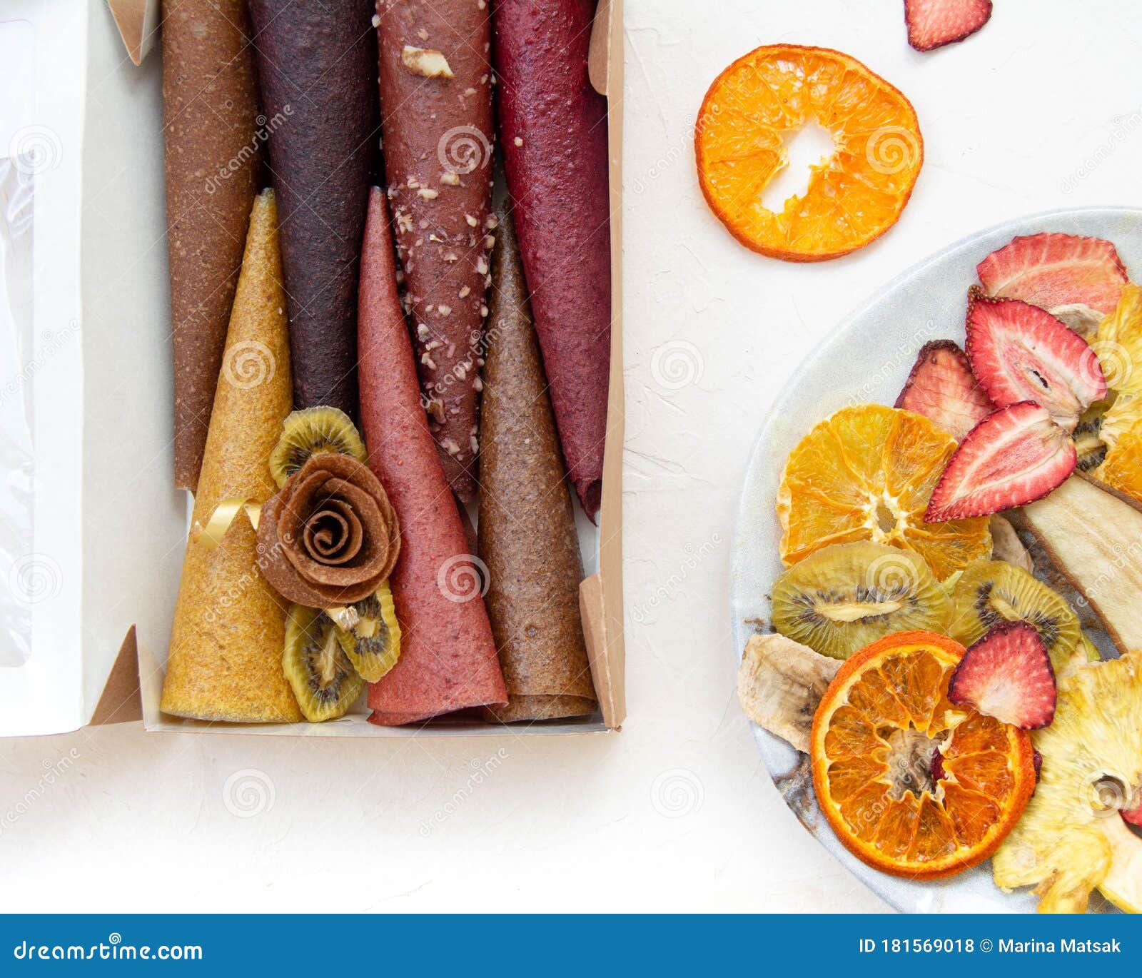 Natural Fruit Candy in a Box. Plate with Mix of Fruit Chips. Stock ...