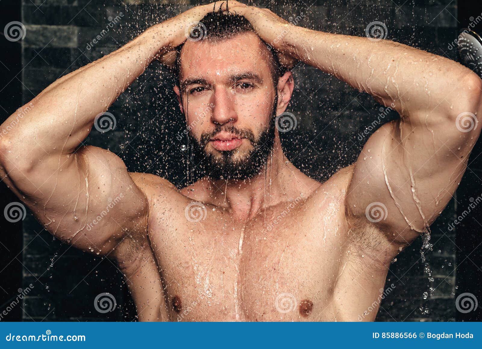 Natural Goodlooking Athlete Showering Muscular Fitness Player Taking A