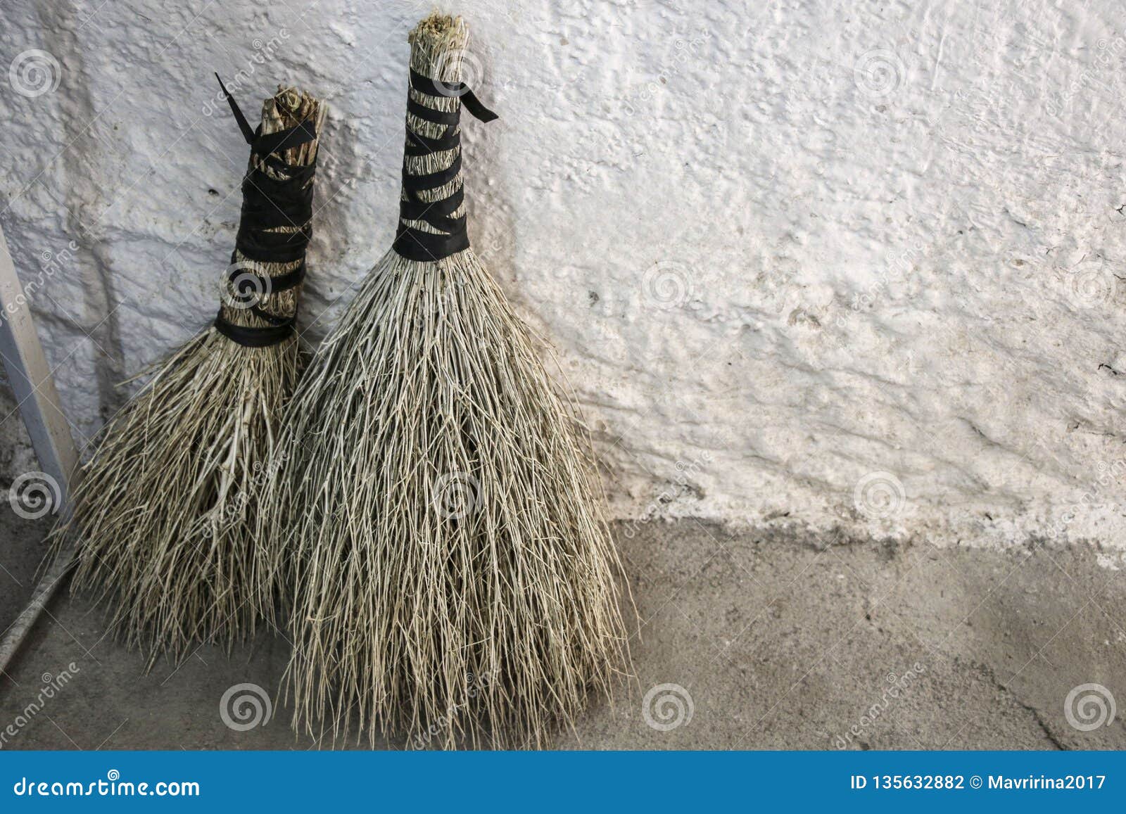 Natural Handmade Brooms Near White Plain Wall Stock Photo - Image of ...