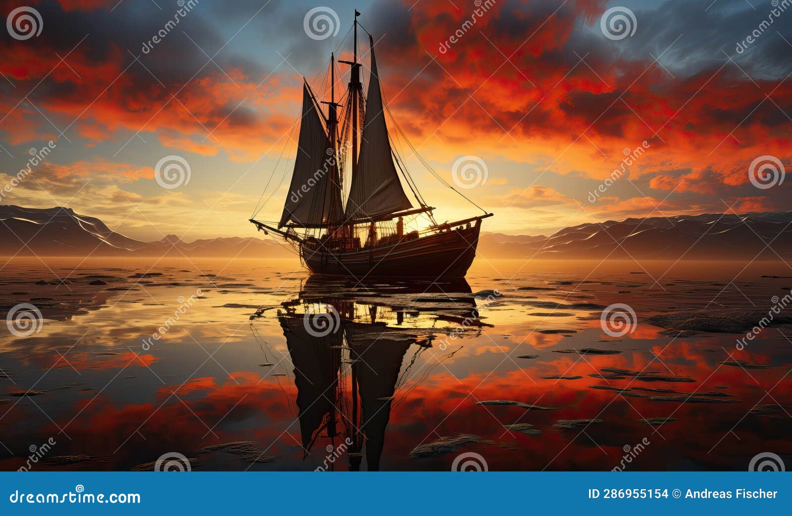 Natural Landscape, Sailing Frigate at Sunset, Dawn. Stock Illustration ...