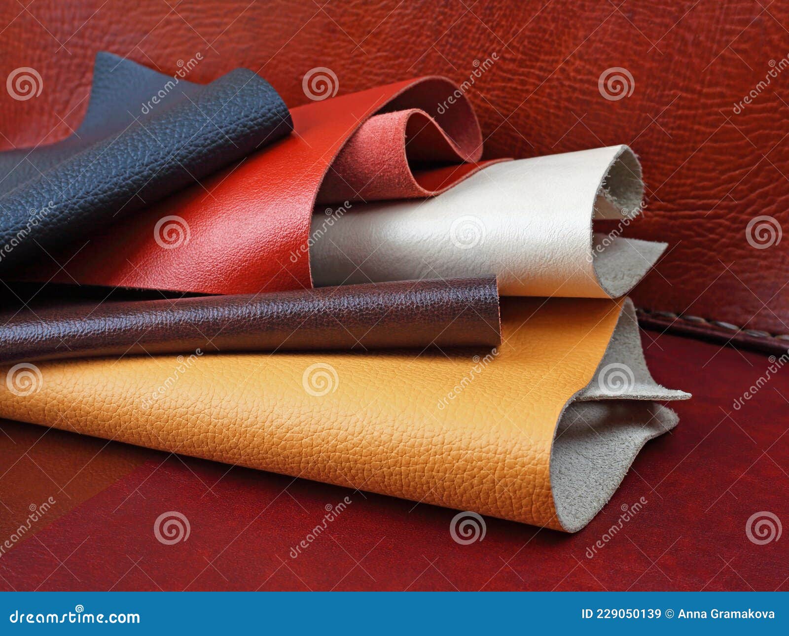Natural Leather Textures Samples on Red Leather Background Stock Image ...