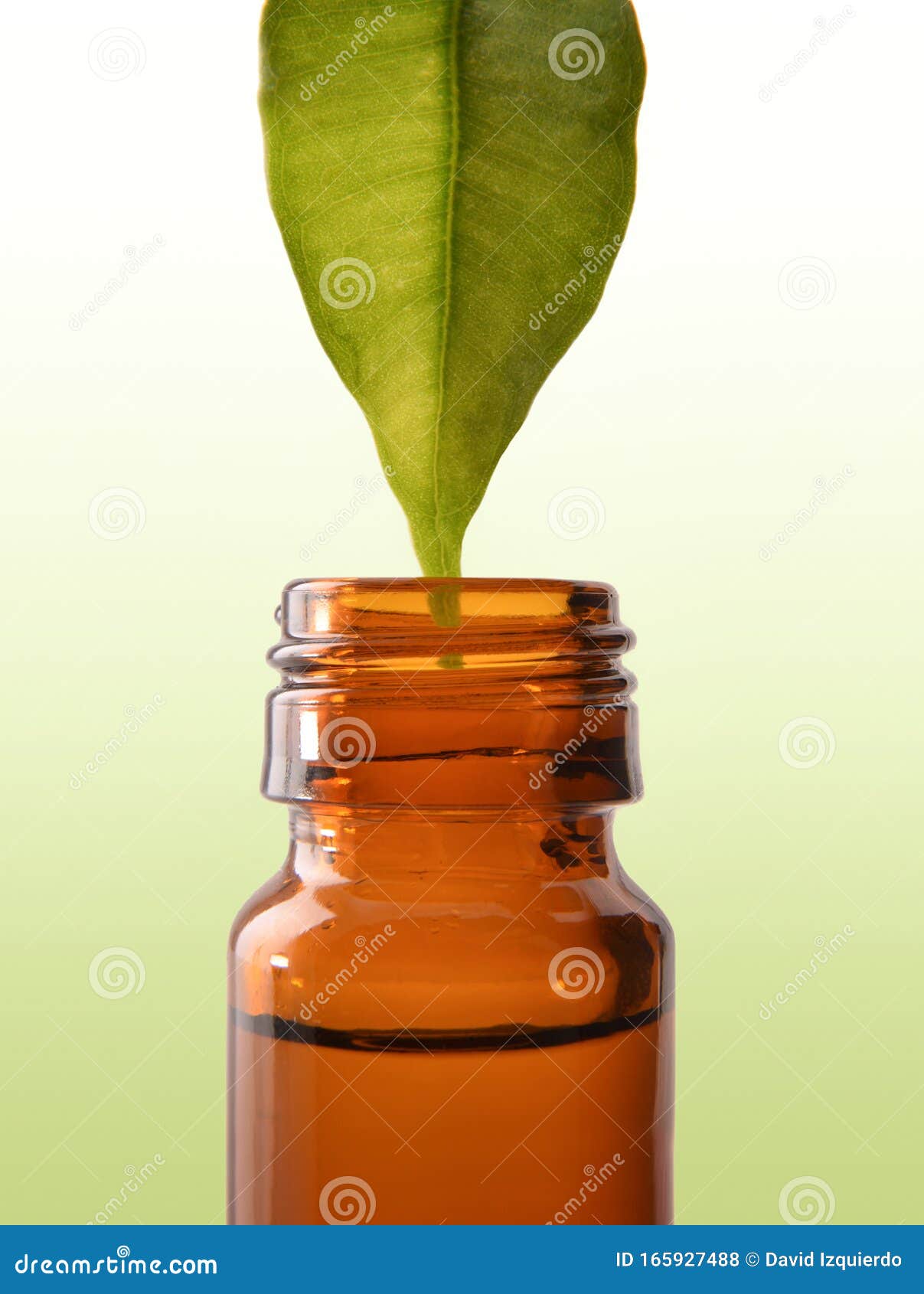 Leeaf and Jar with Liquid and Green Background Stock Photo - Image of ...
