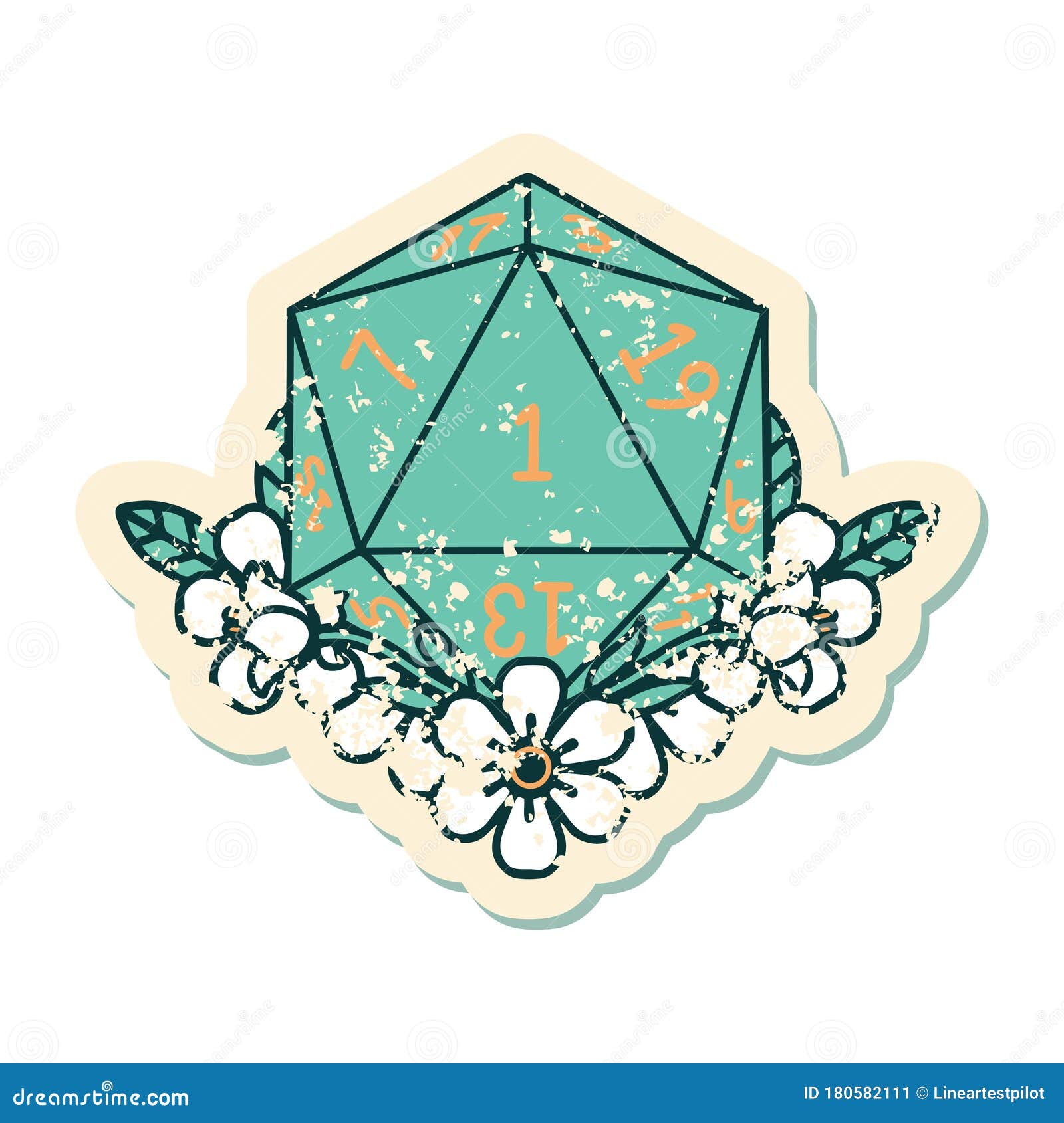 Natural One Dice Roll with Floral Elements Grunge Sticker Stock Vector ...