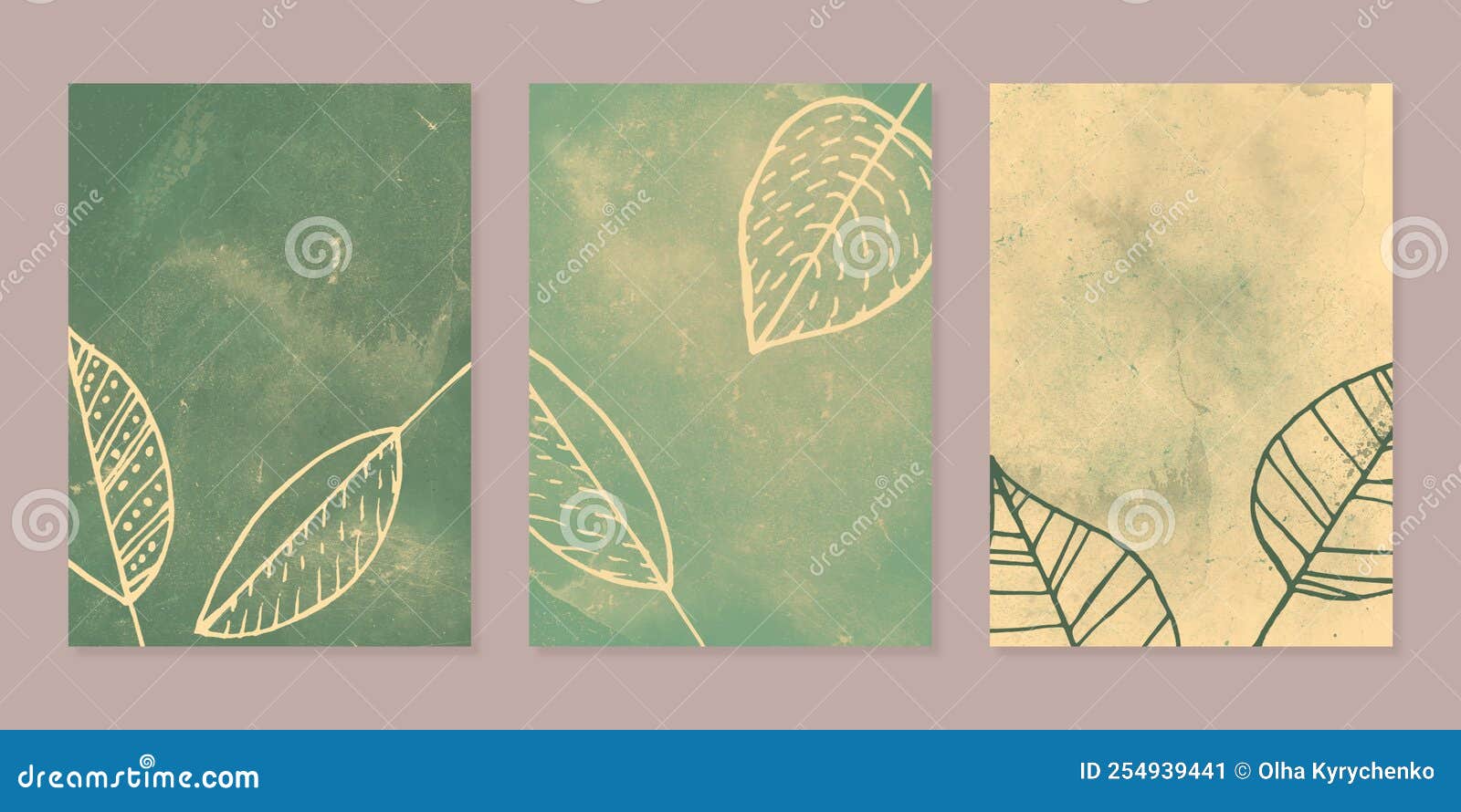 Set of Grunge Green Backgrounds with Abstract Linear Leaves Stock ...