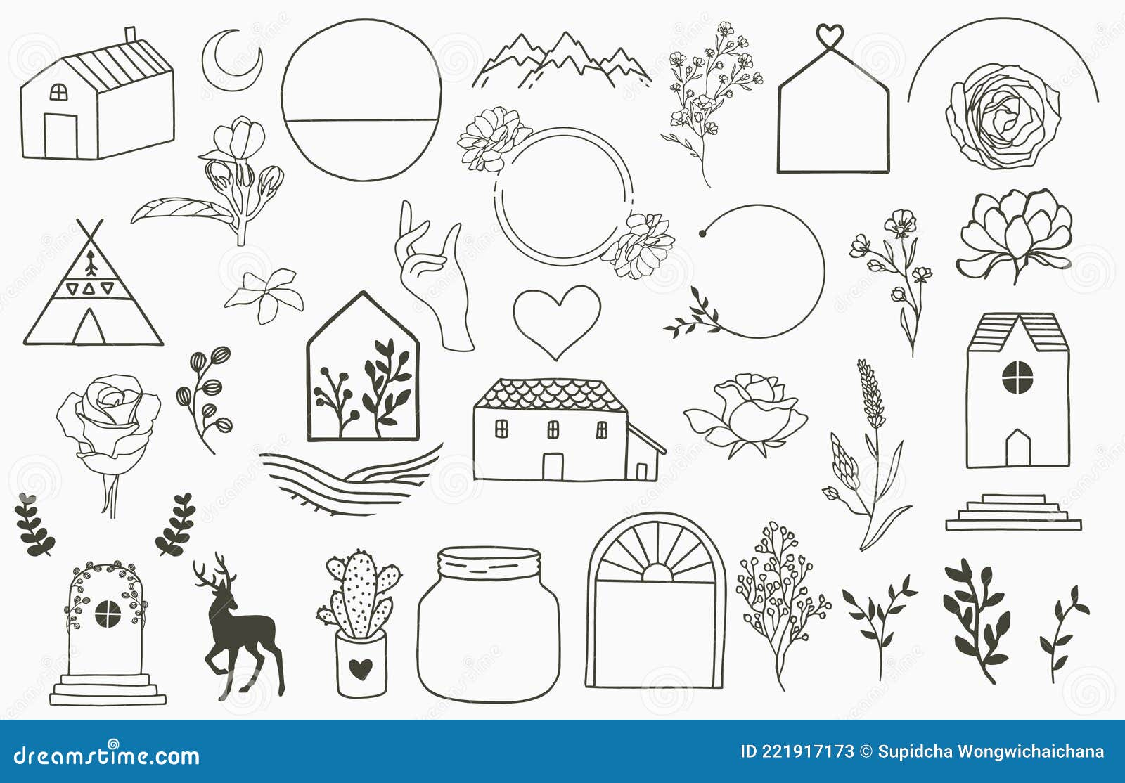Natural Outline Element Collection in Simple Style with House, Flower ...