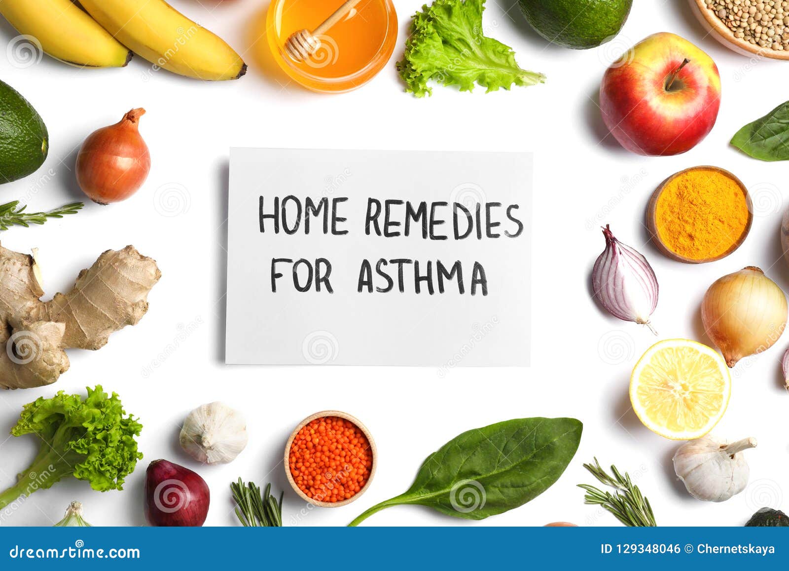 Natural Products And Paper With Text Home Remedies For Asthma On White