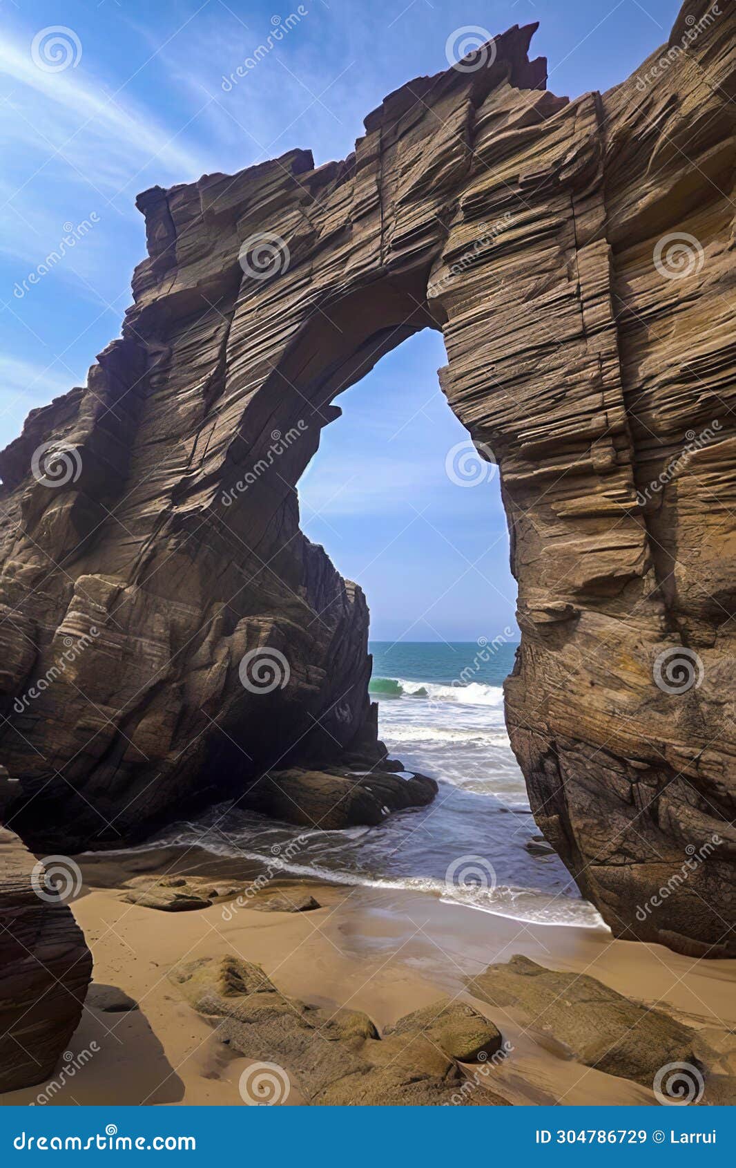 A Natural Rock Arch on a Sandy Beach, with Waves and a Clear Blue Sky ...
