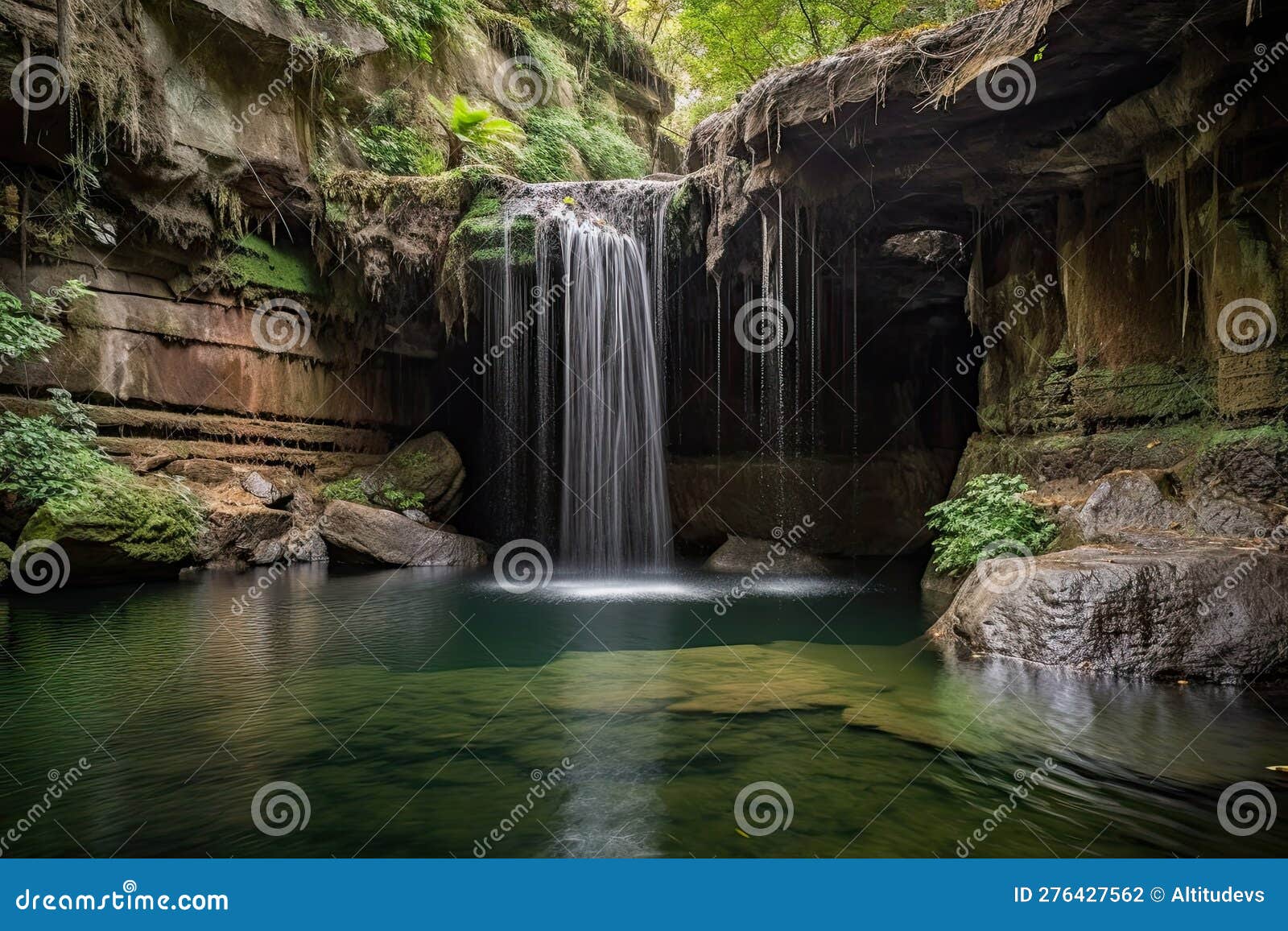 Natural Rock Formation with Water Falling from Above, Creating a ...