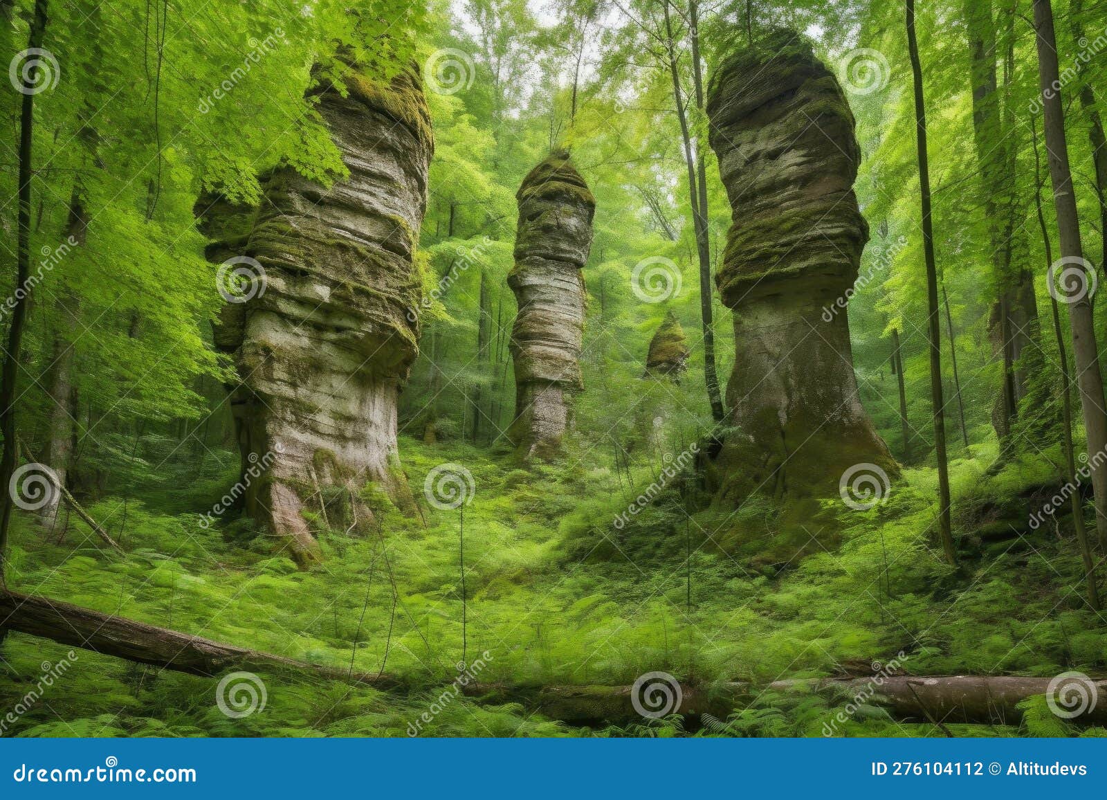 Natural Rock Formations Towering Over Lush Forest Floor Stock ...